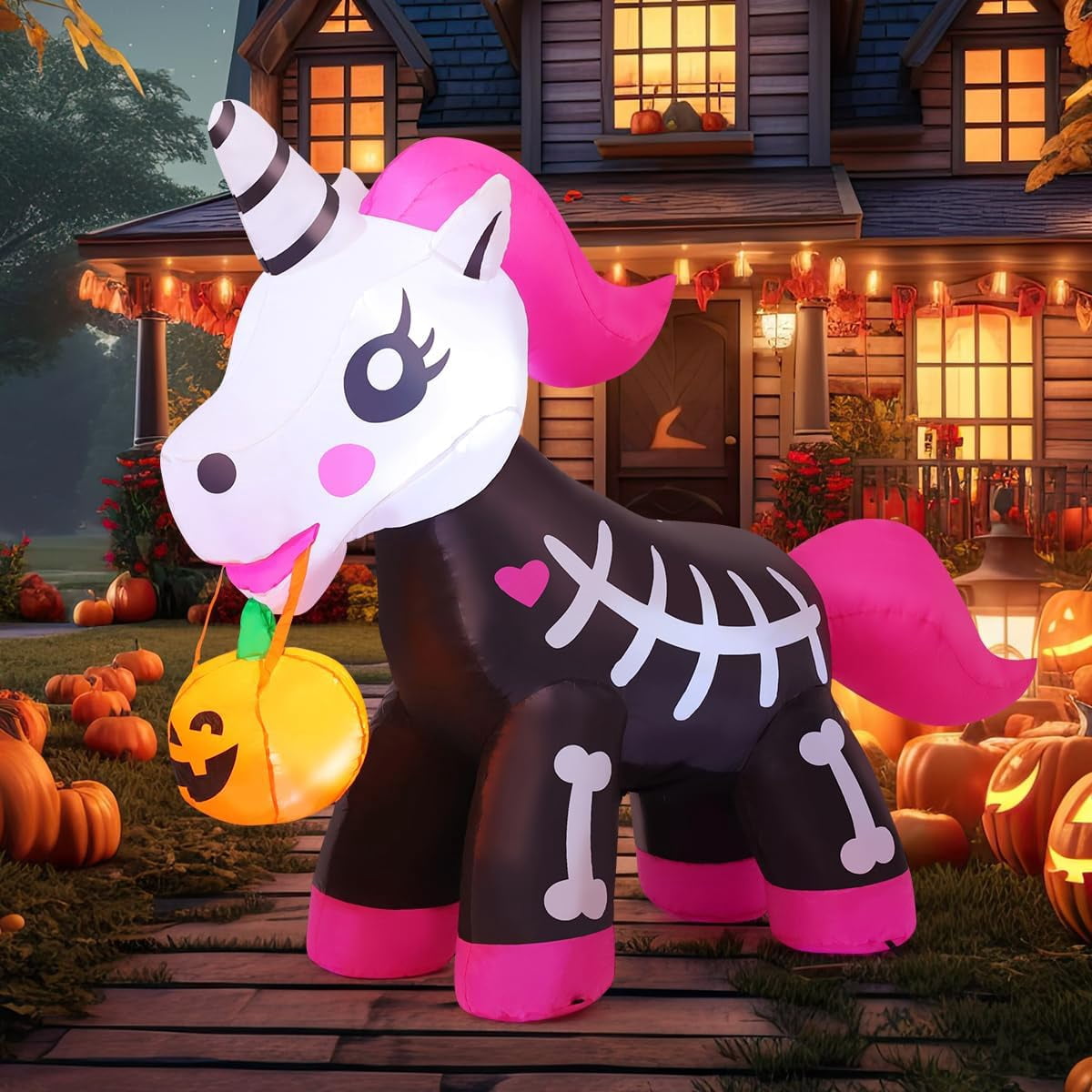 5 FT Halloween Inflatables Skeleton Unicorn Outdoor Decorations Blow Up ...