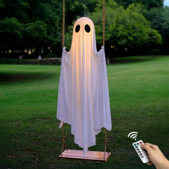 5 FT Hanging Swing Ghost - Halloween Decorations Outdoor With Glow-In-The-Dark Sheet & LED ...