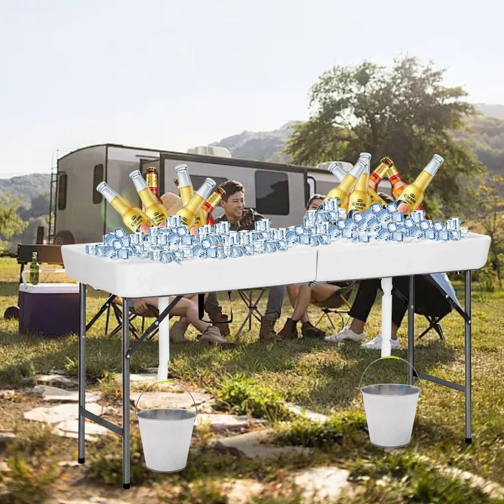 5 FT Ice Cooler Folding Table with Drain&Grid Frame, Portable Tailgate ...