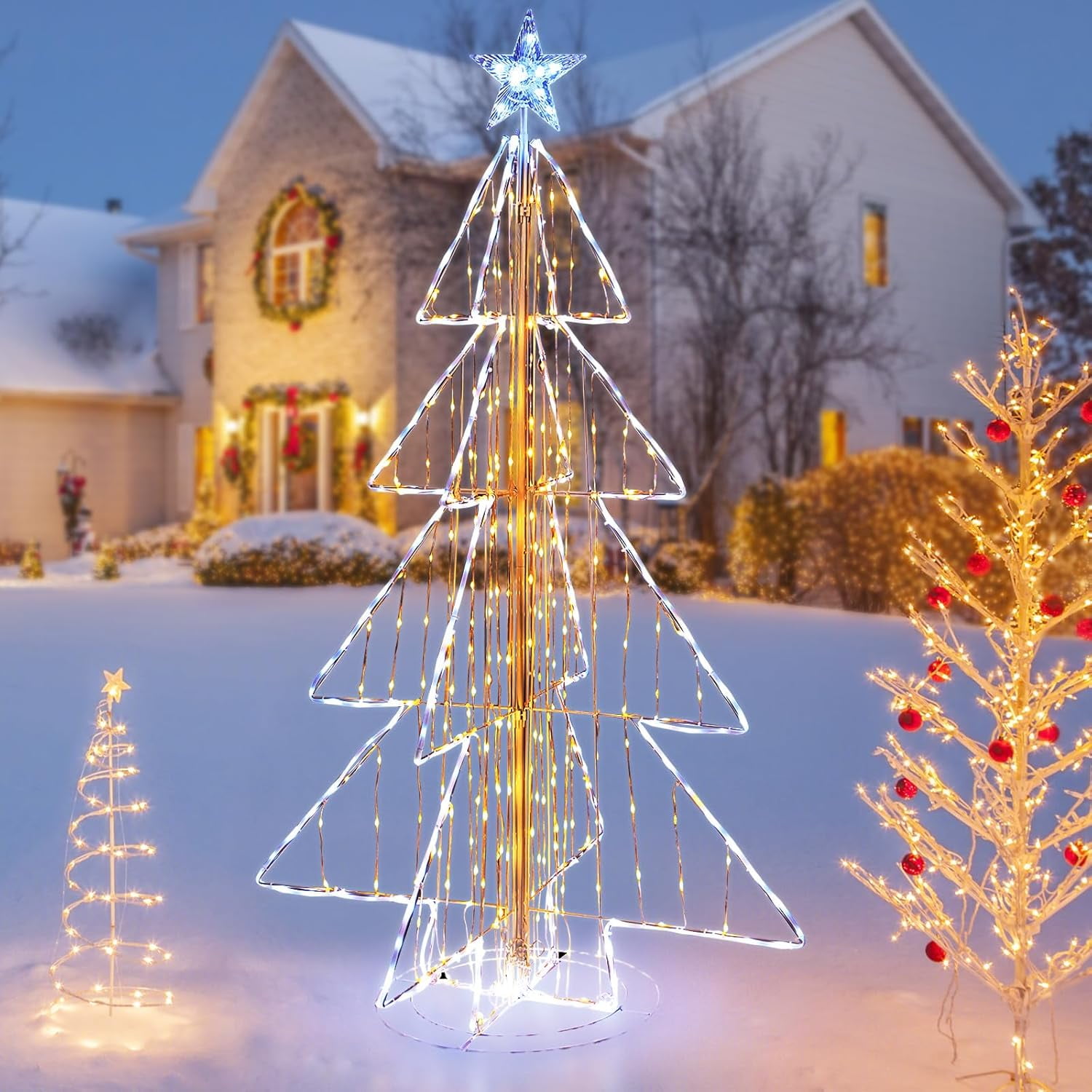 5 FT Outdoor Lighted Christmas Tree, Light-up Xmas Tree with 252 Warm ...