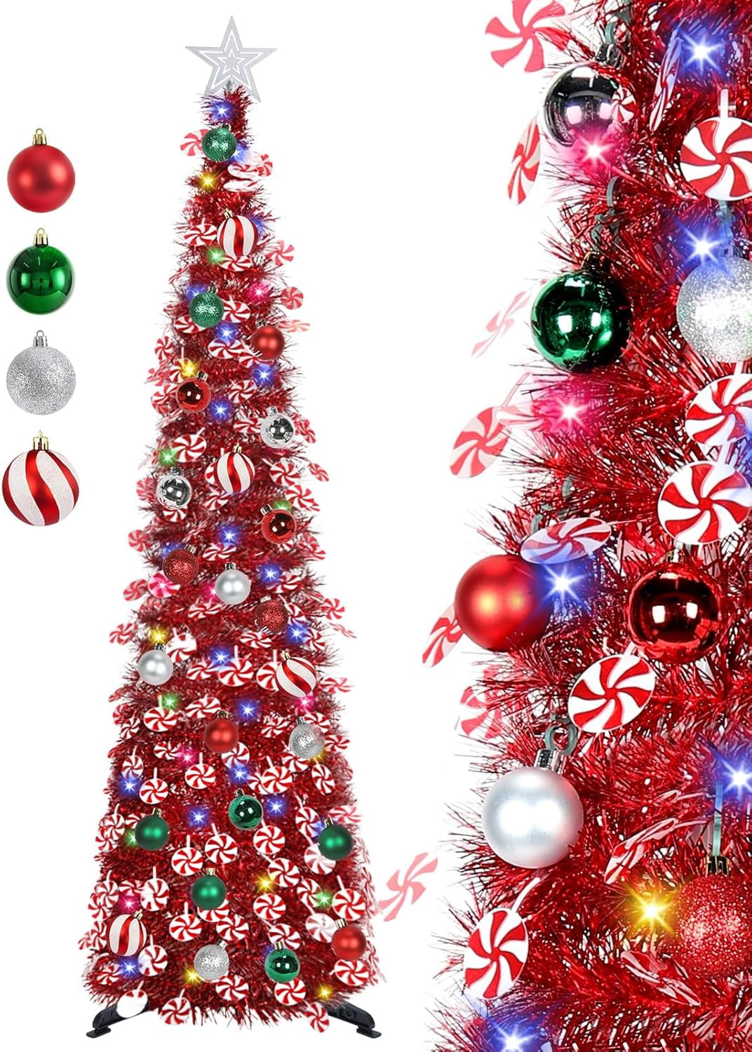 5 FT Pop Up Christmas Tree with Timer Lights and Decorations, Green ...