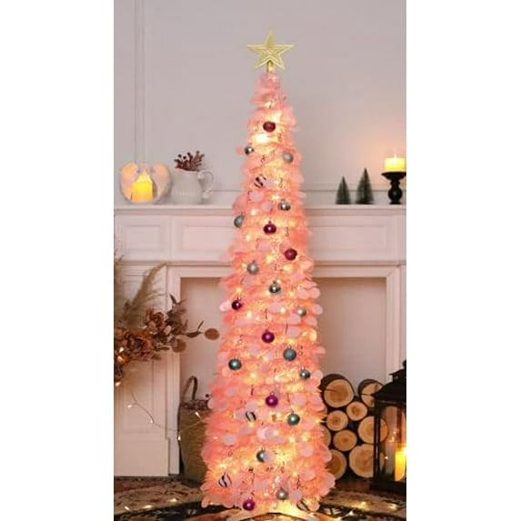 5 FT Pop Up Christmas Tree with Timer Lights and Decorations, Pink ...