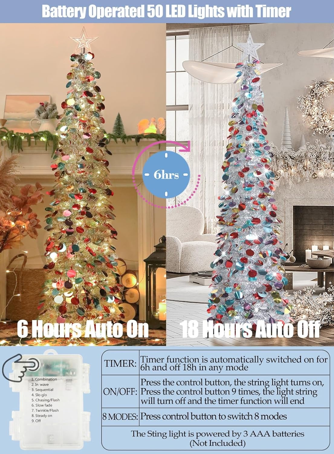 5 FT Pop Up Christmas Tree with Timer Lights, Silver Christmas Tinsel ...