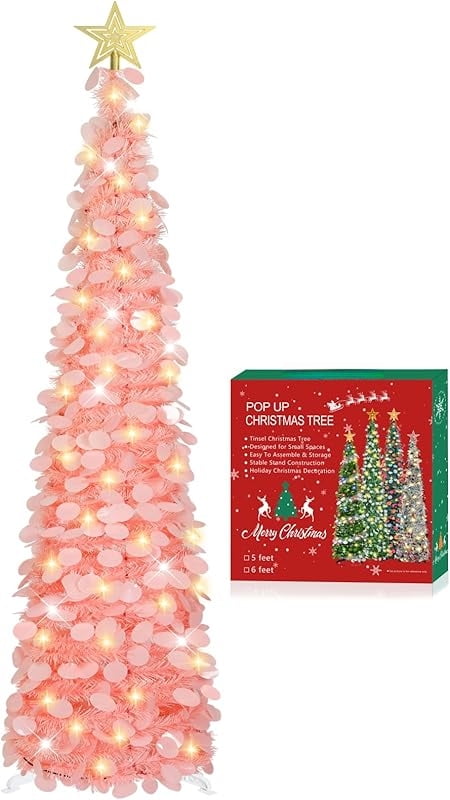 5 FT Pop Up Christmas Tree with Timer Lights, Pink Tinsel Christmas ...