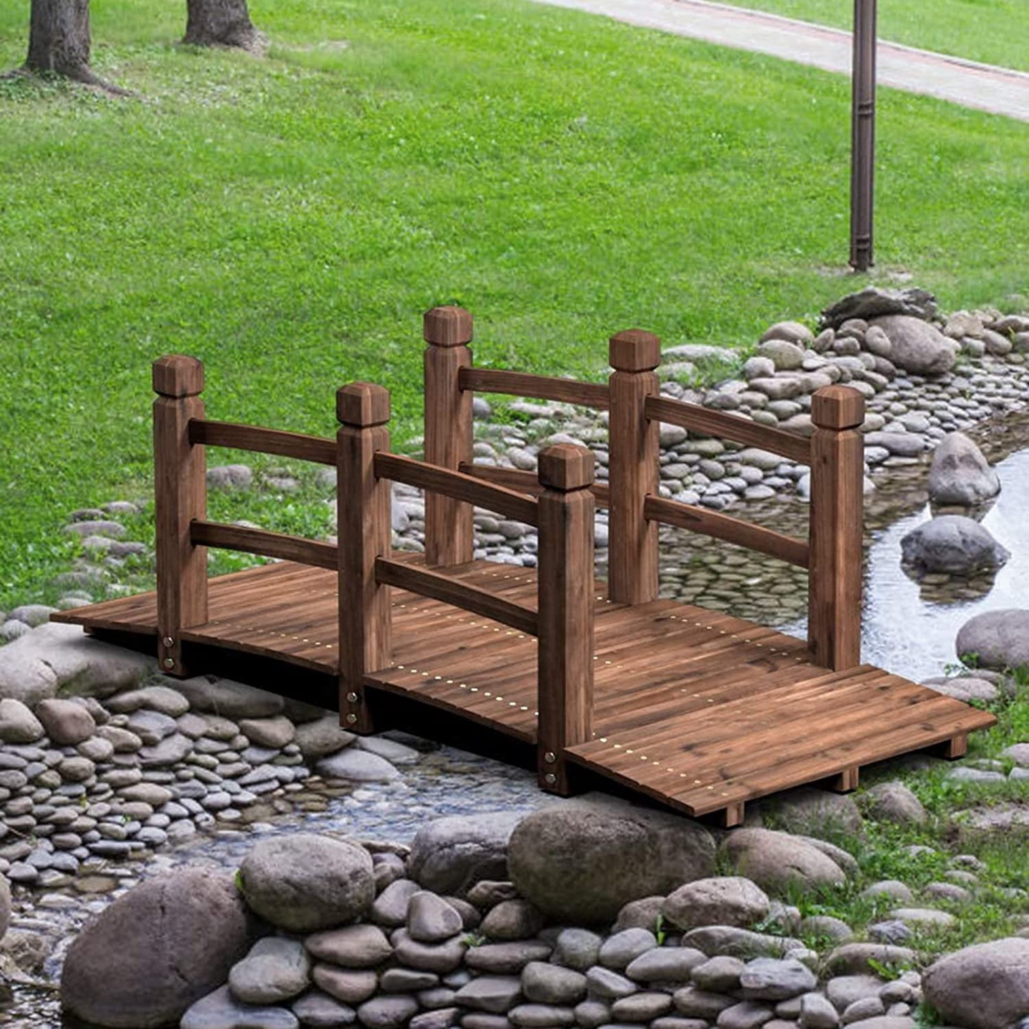 5 FT Wooden Garden Bridge, Stained Wood Arc Footbridge with Railings ...