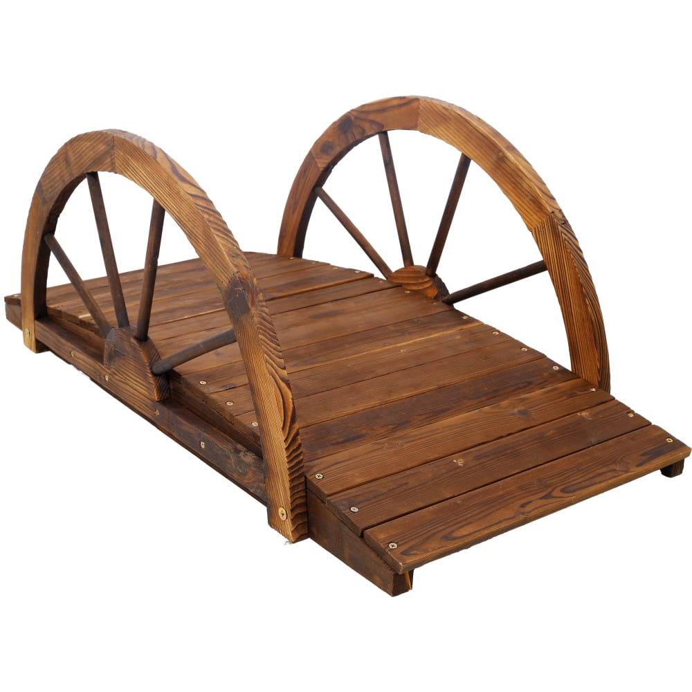 5 FT Wooden Garden Bridge, Stained Wood Arc Footbridge with Chain ...