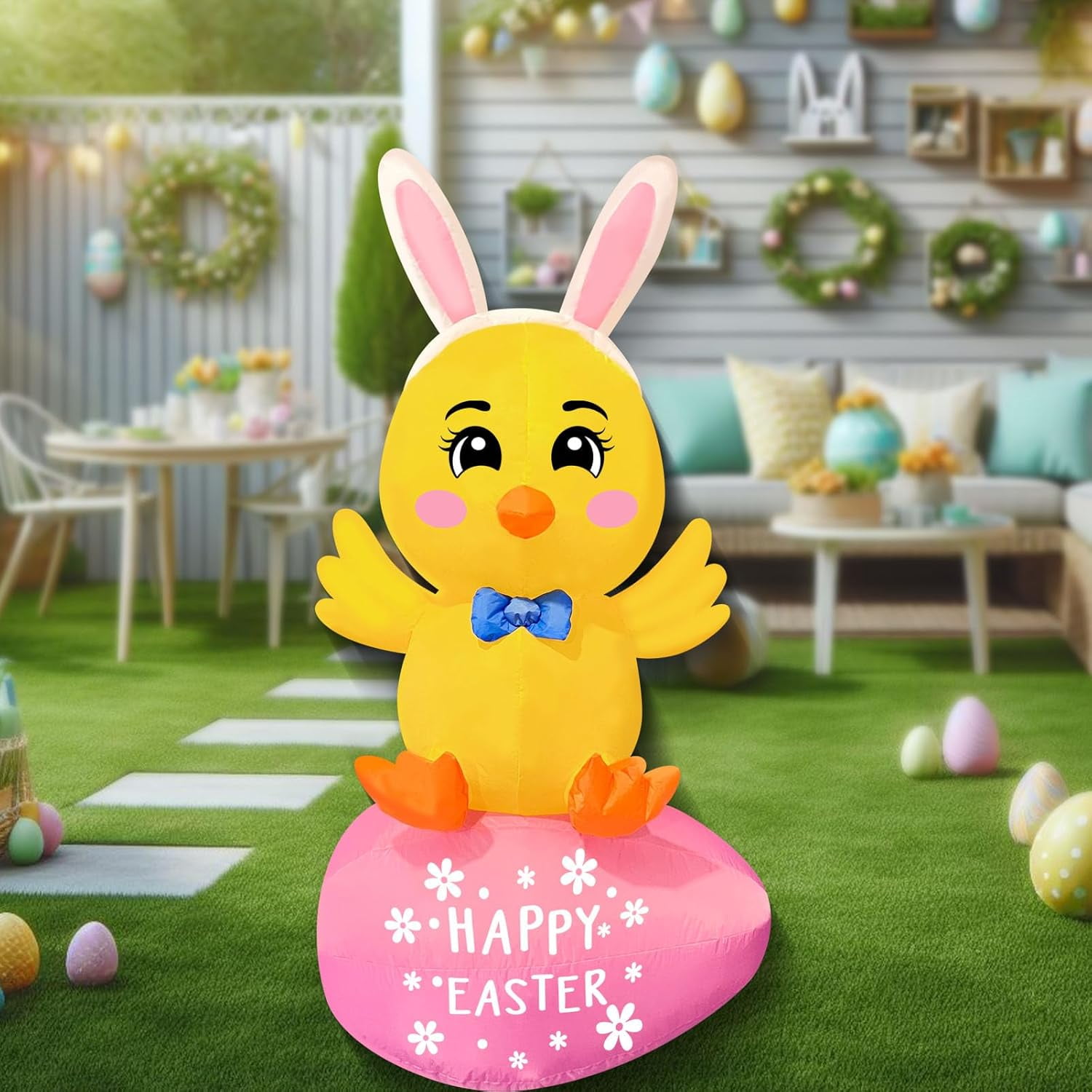 5 Feet Easter Inflatable Chick Sit on Egg Lighted Blow Up Yard Lawn ...