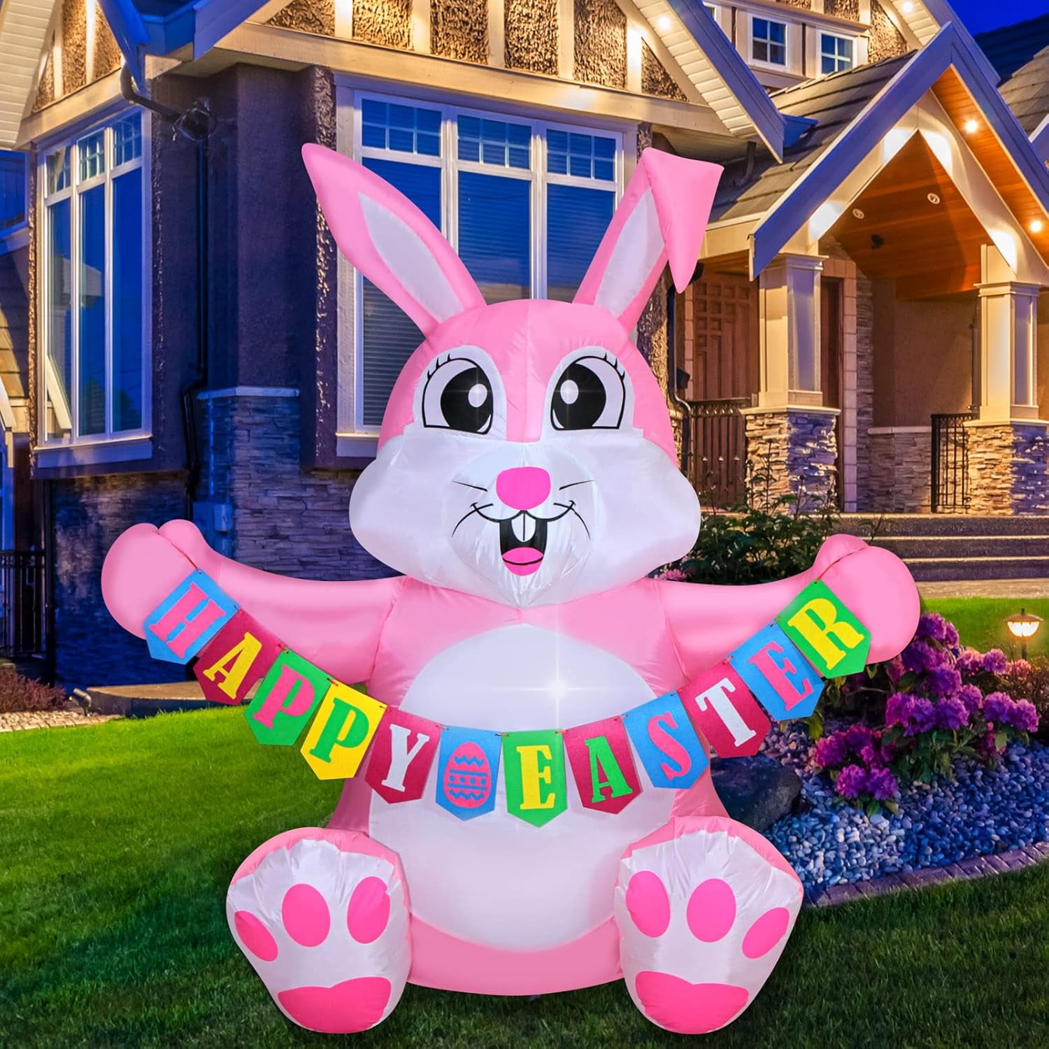 5 Feet Easter Inflatable Pink Bunny Holds Happy Easter Banner Lighted ...