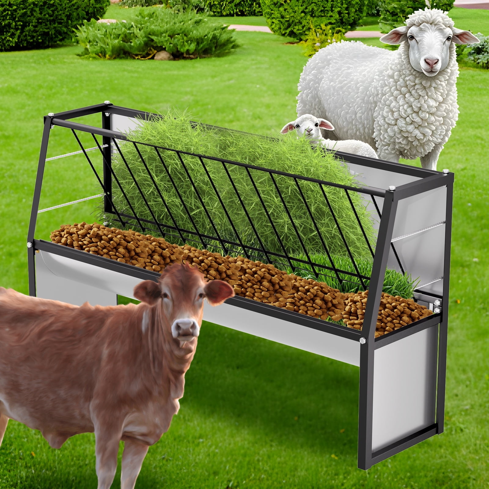 5-Feet Galvanized Steel Goat Hay Feeder, 60 Gallon Livestock Goat Feeder, Pasture Feeder for ...