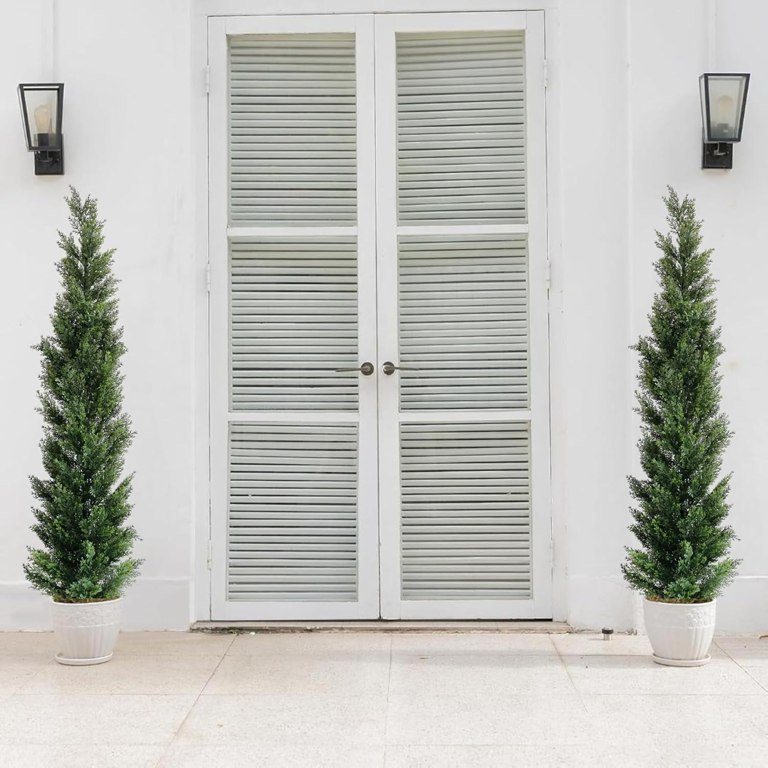 5 Feet Outdoor Artificial Topiary Cedar Tree, Set of 2 Resistant Potted ...