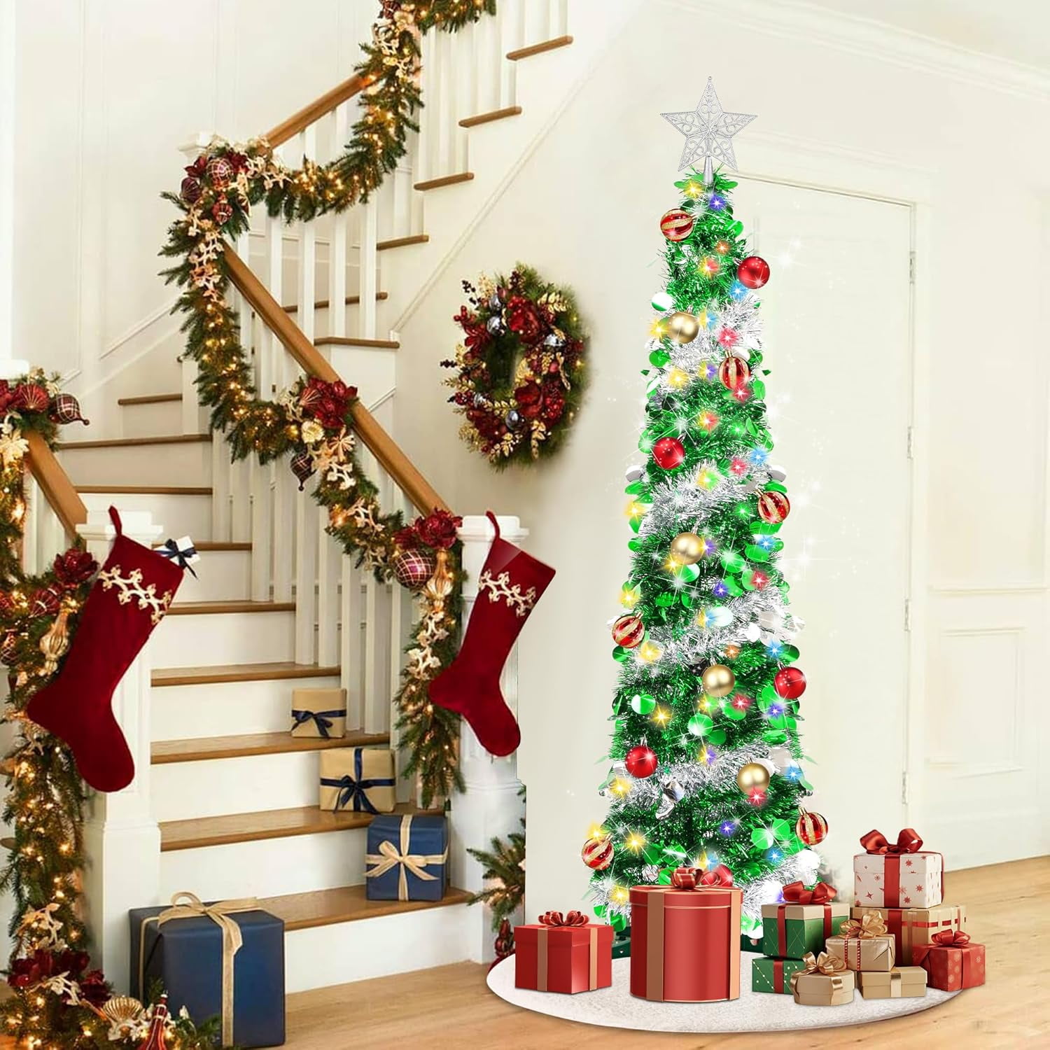 5 Feet Pop Up Christmas Tinsel Tree with Timer Warm White & Multi Color ...