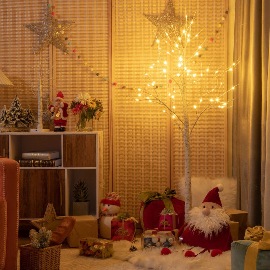 5 Feet Pre-lit White Twig Birch Tree with 72 LED Lights for Christmas ...
