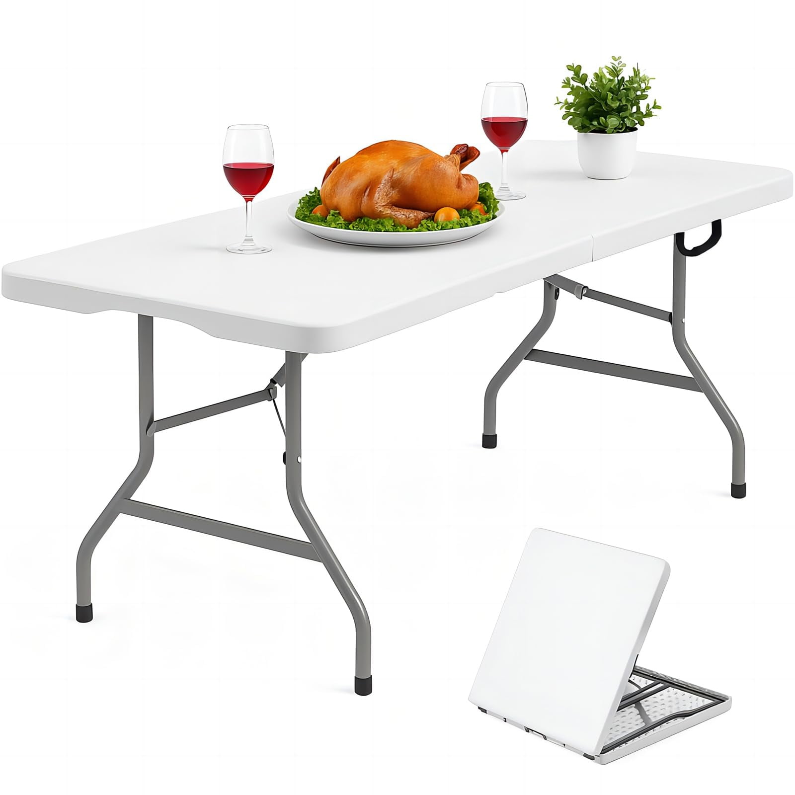 5 Foot Foldable Plastic Table with Carrying Handle, Portable Half Fold ...