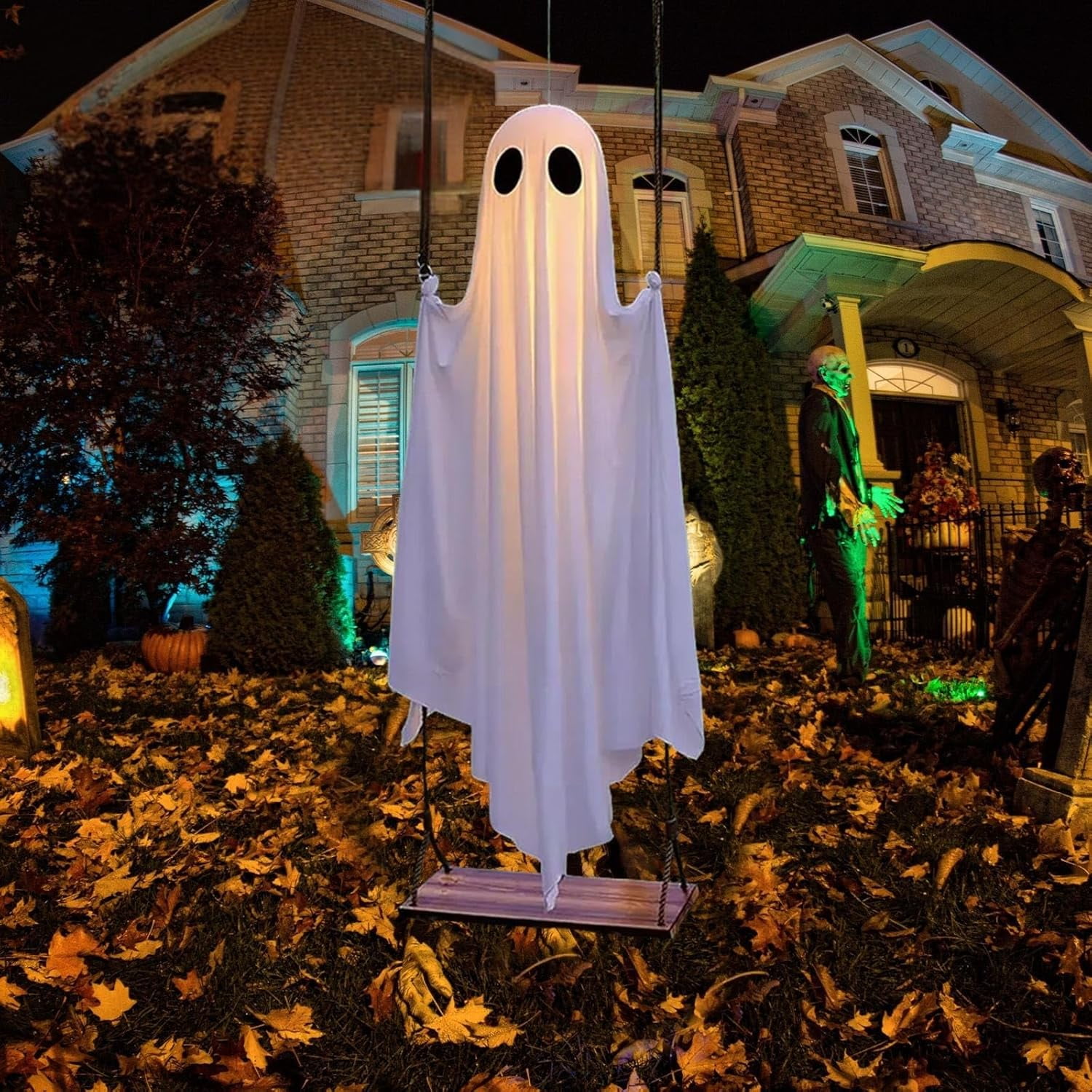 5 Foot Large Hanging Swing Ghost Outdoor Decoration with String Lights ...