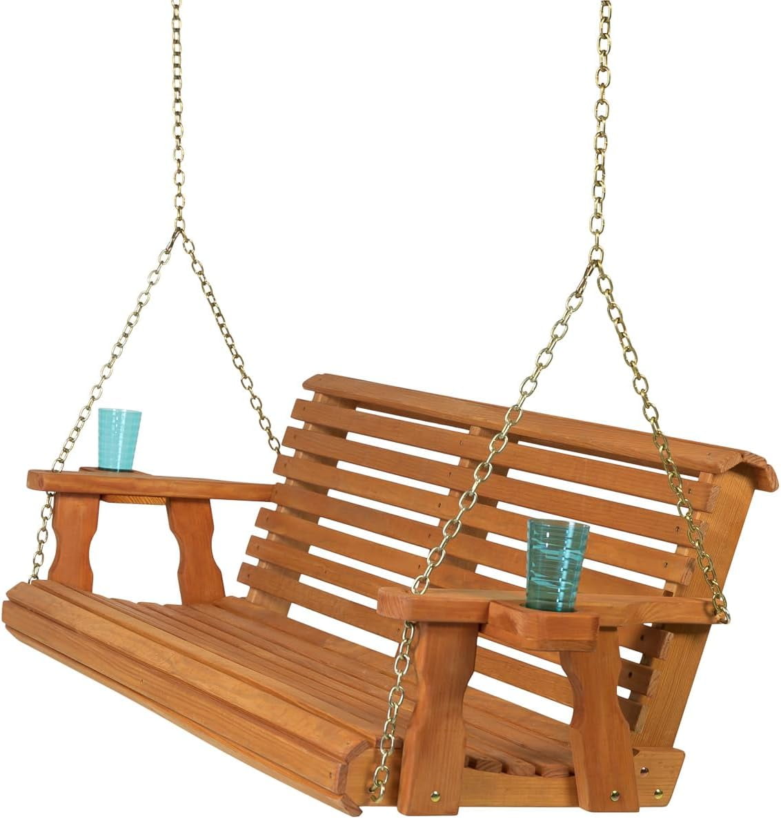 5 Foot Roll Back Heavy Duty Wooden Porch Swing with Cup Holders in ...