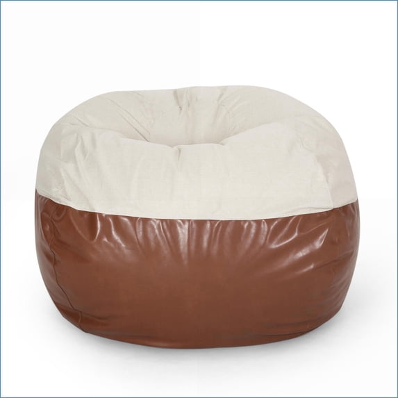 5-Foot Round Bean Bag Chair for Adults – Fabric & Faux Leather, Beige ...