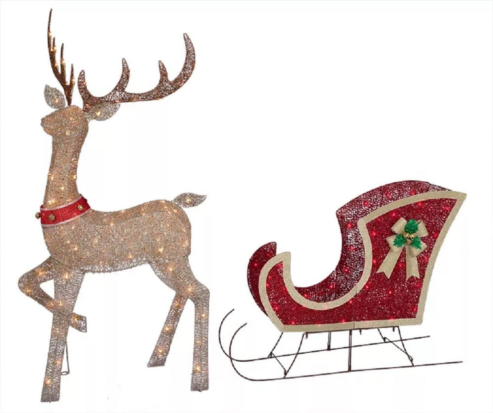 Large Outdoor Xmas Decor - 5ft Light-Up Reindeer and Sleigh with 150 ...