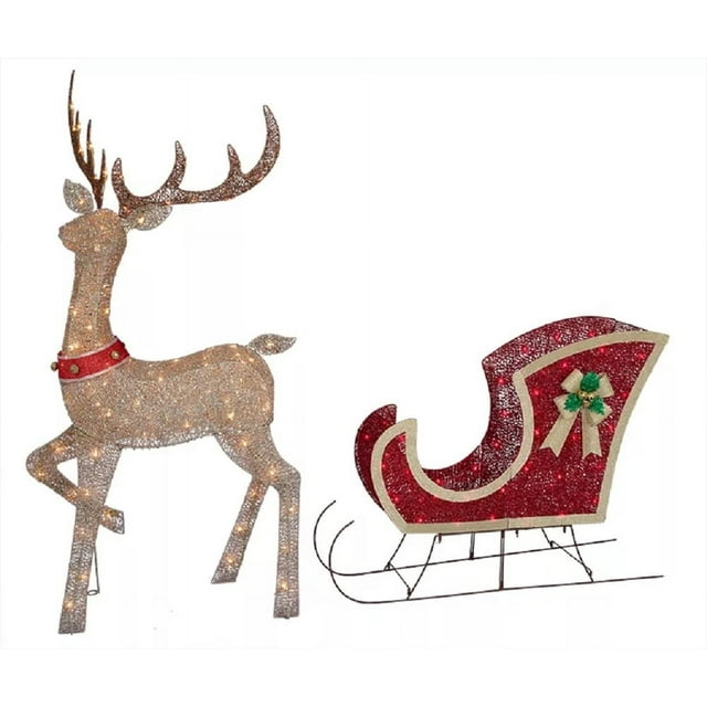 Large Outdoor Xmas Decor - 5ft Light-Up Reindeer and Sleigh with 150 ...