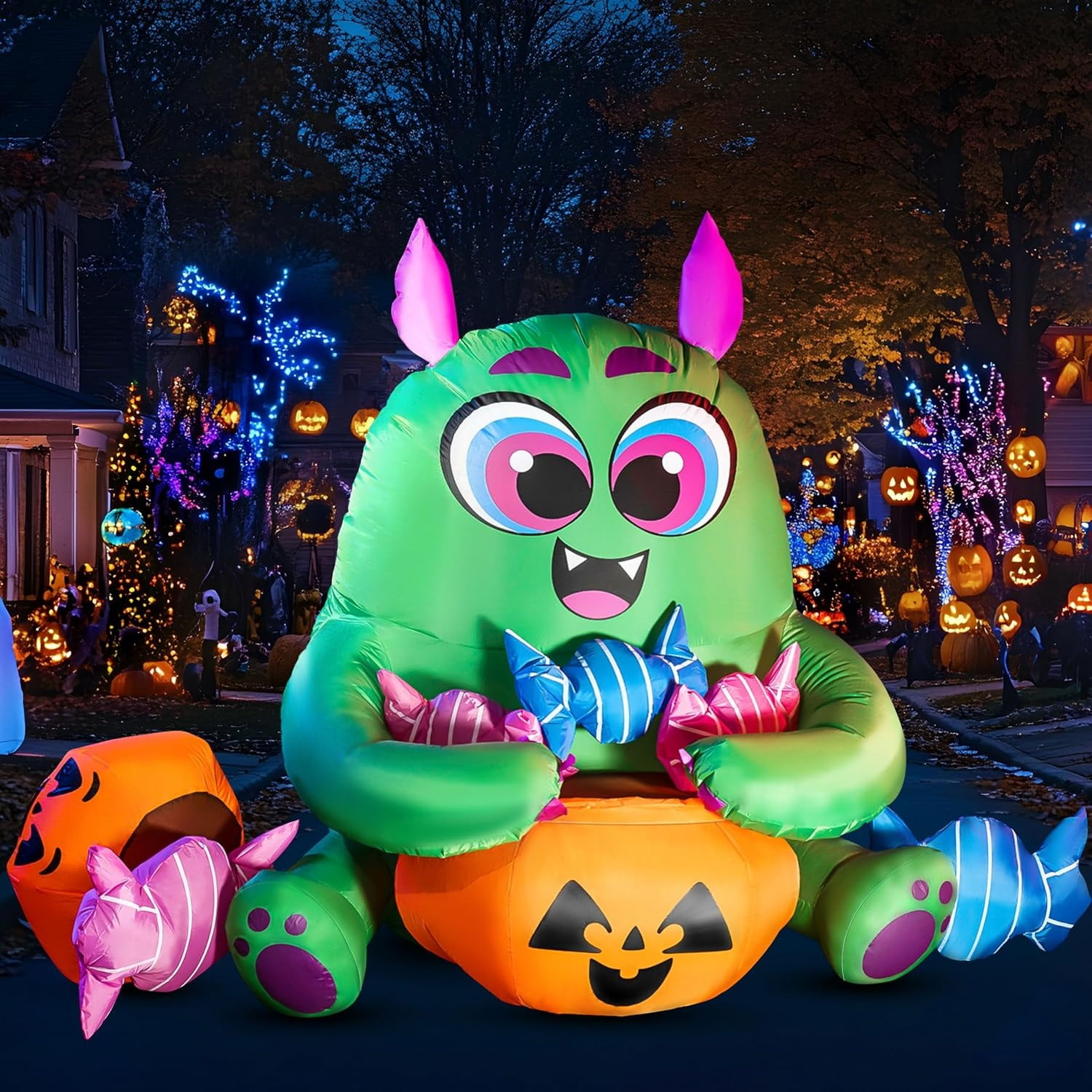 5 Ft Long Cute Halloween Inflatables Monster with Candies Outdoor ...