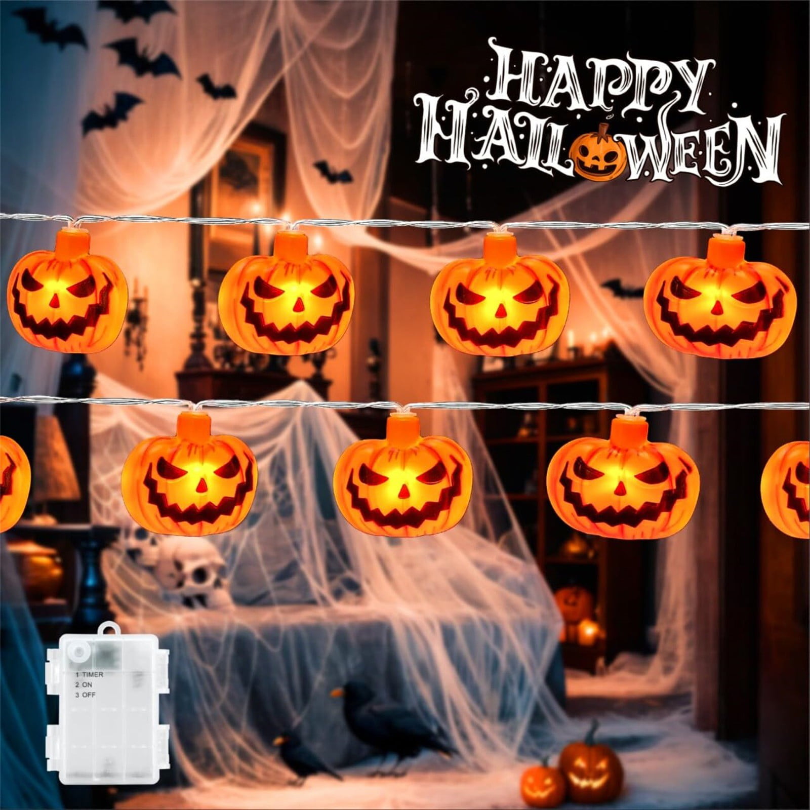 5 Ft Pumpkin LED String Lights - 10 Pumpkin Lights, Ghost Face Pumpkin ...