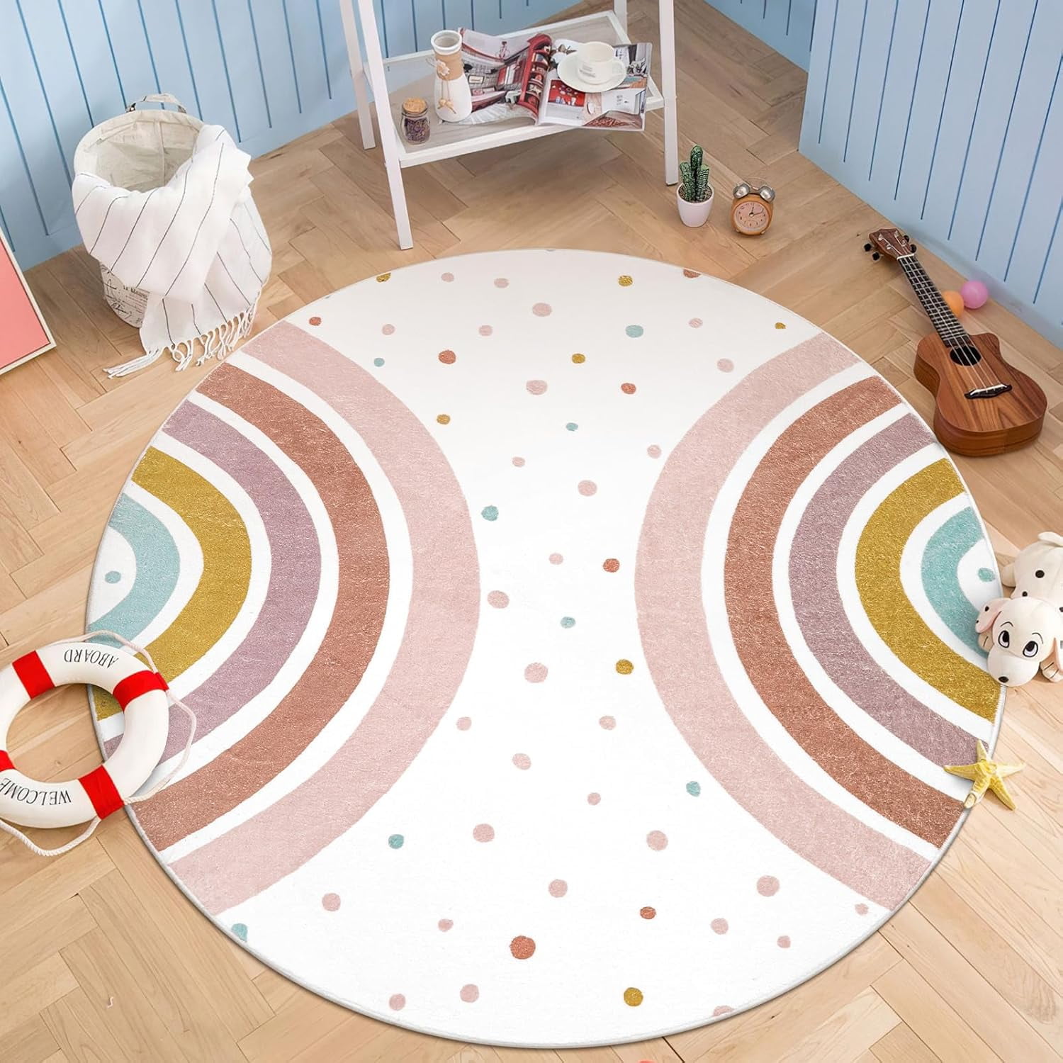 5 Ft Round Rainbow Nursery Rug, Washable Kids Rug for Playroom, Non ...