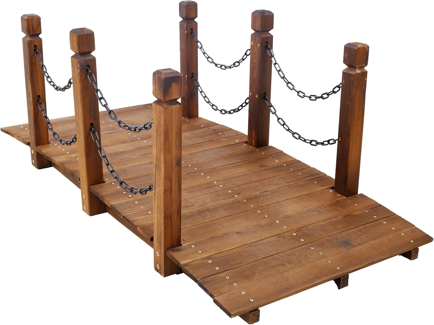 5 Ft Wooden Garden Bridge, Stained Wood Arc Footbridge with Chain ...