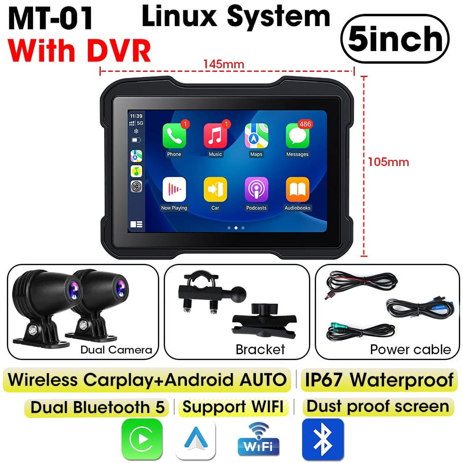 5'' GPS Navigation Motorcycle IP67 Waterproof Wireless Carplay Android ...