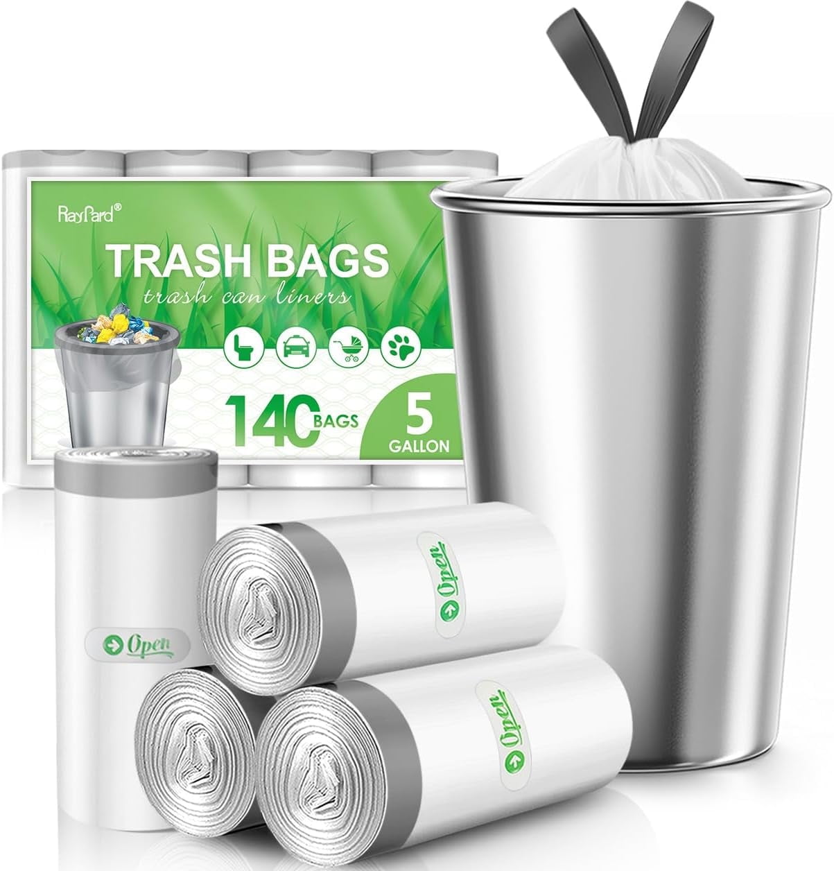 Teivio 5 Gallon 140 Counts Drawstring Trash Bags, White Waste Basket ...