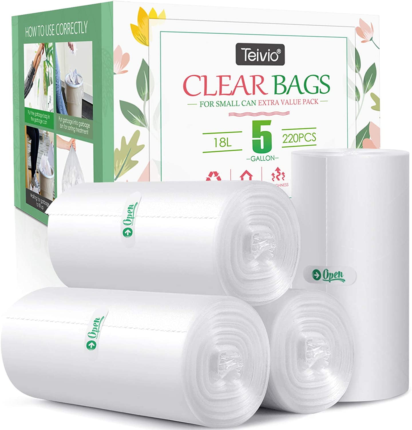 5 Gallon 220 Counts Strong Trash Bags Garbage Bags by Teivio, Bin ...