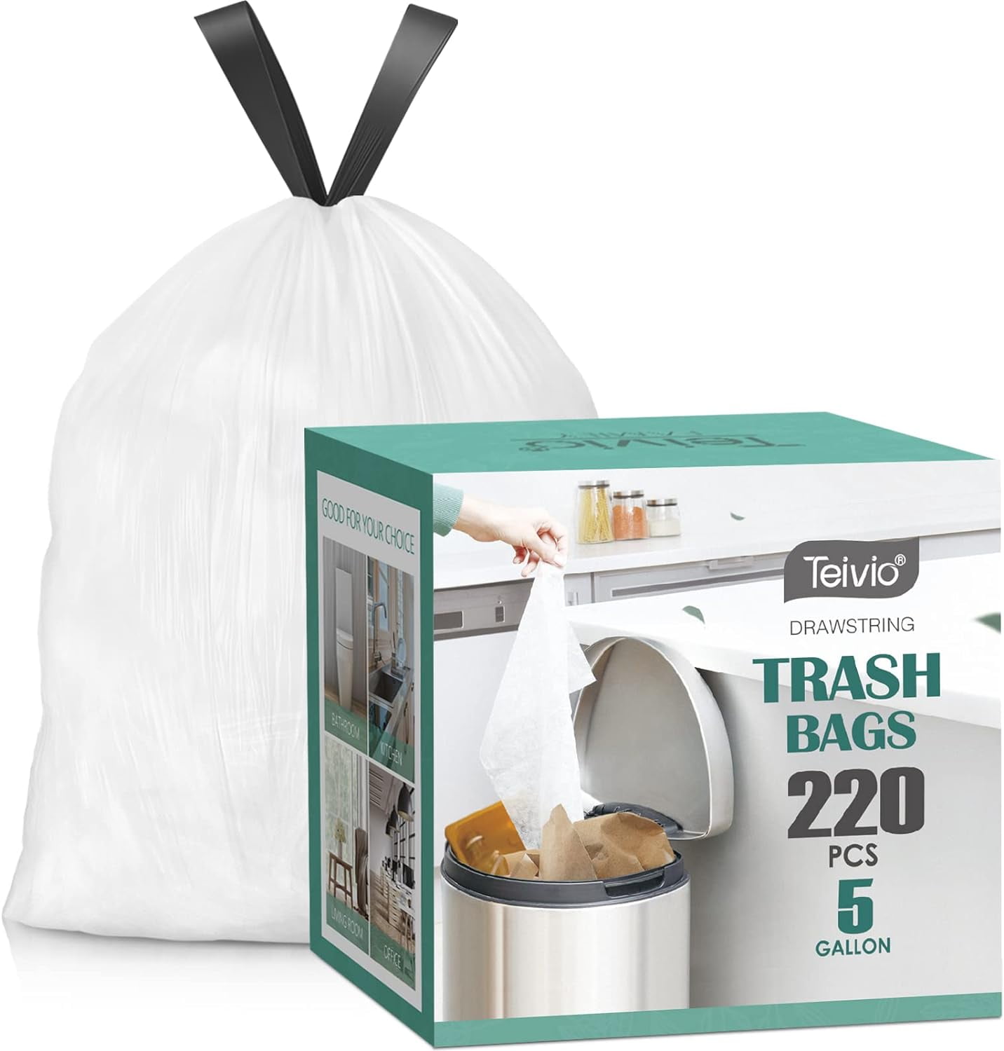 5 Gallon 220pcs Strong Drawstring Trash Bags Garbage Bags by , Bathroom ...