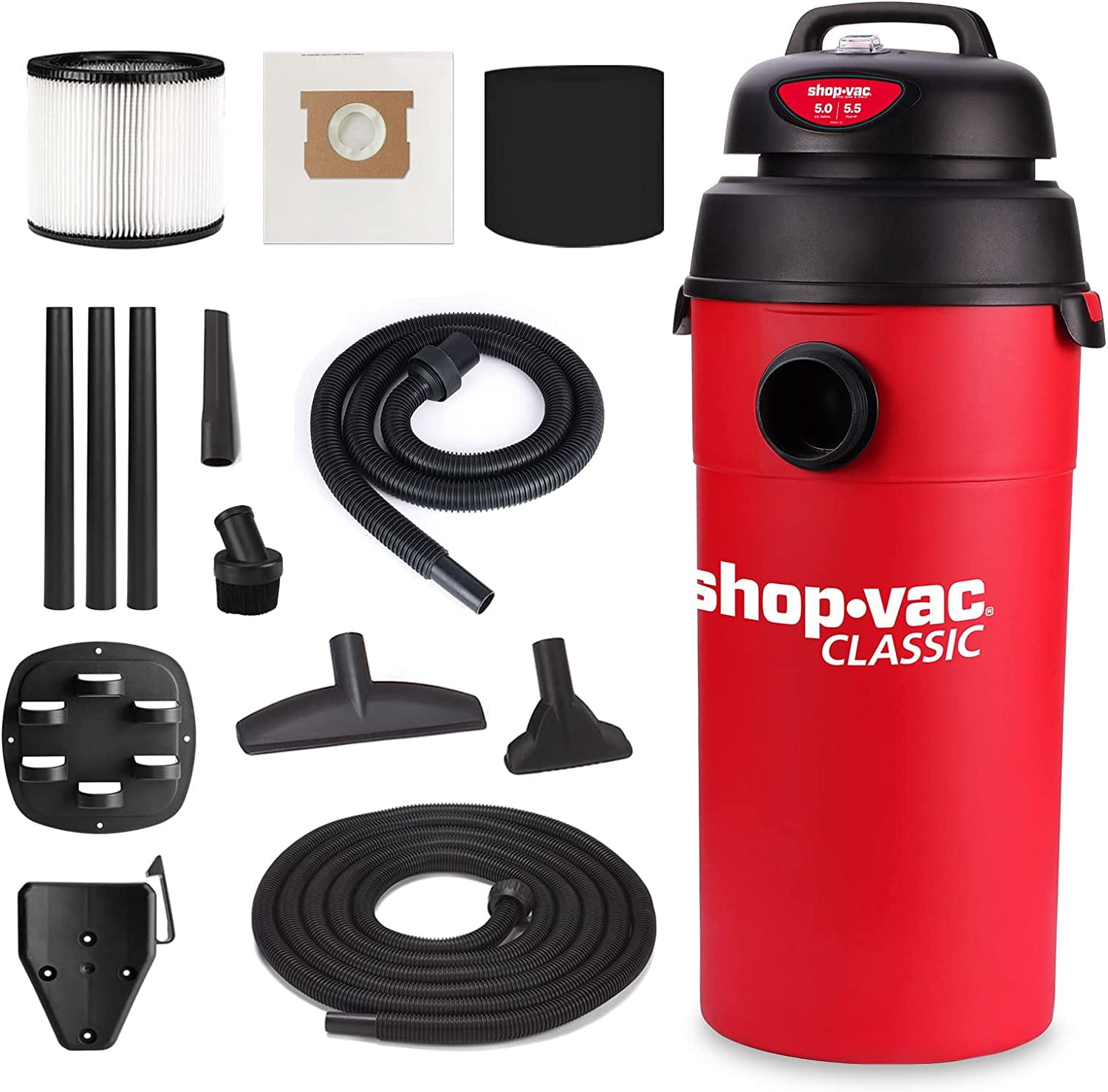 5 Gallon 5.5 Peak HP Wet/Dry Vacuum, Wall Mountable Compact Shop Vacuum ...