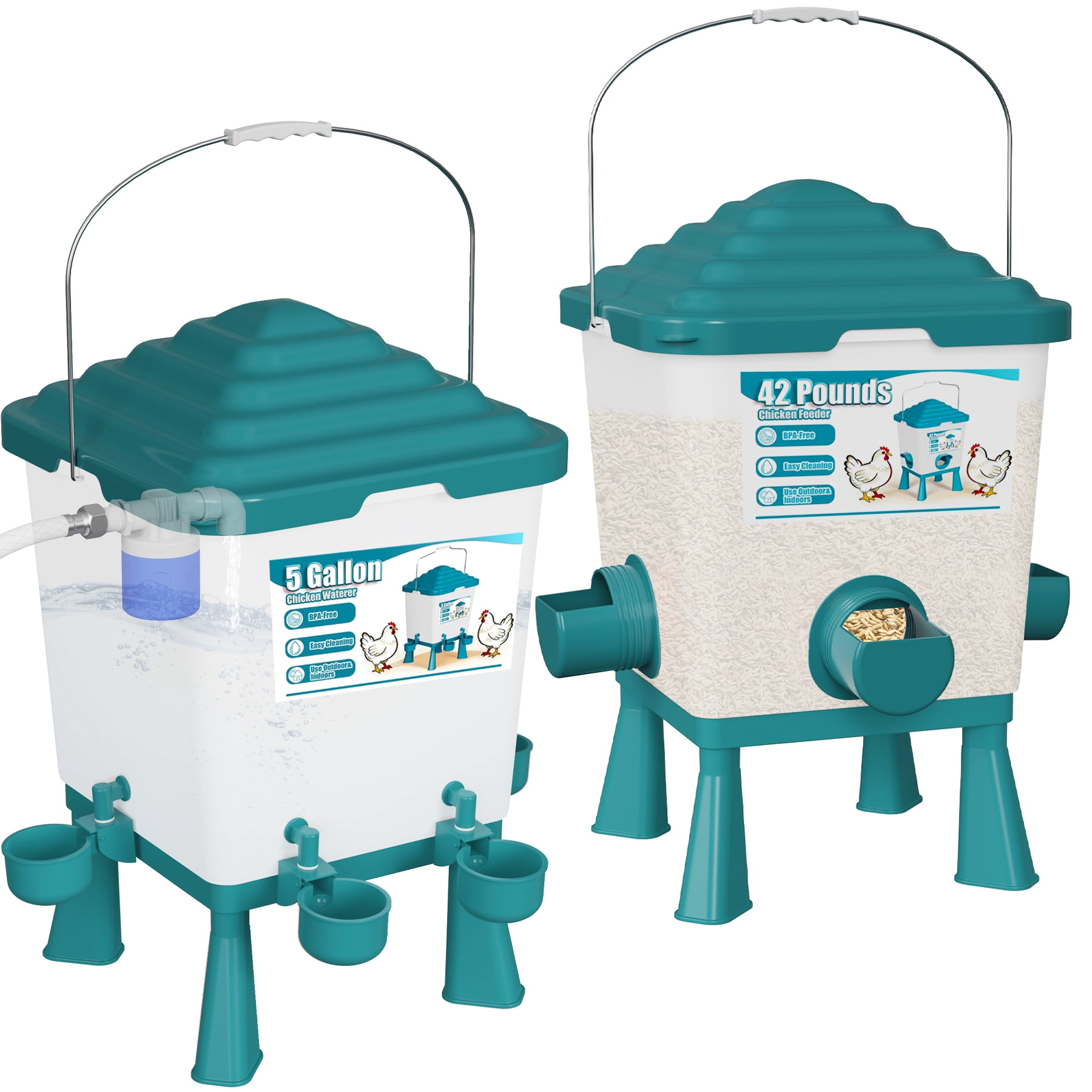 5 Gallon Chicken Waterer & 42 Pounds Feeder Set, Automatic Float ...
