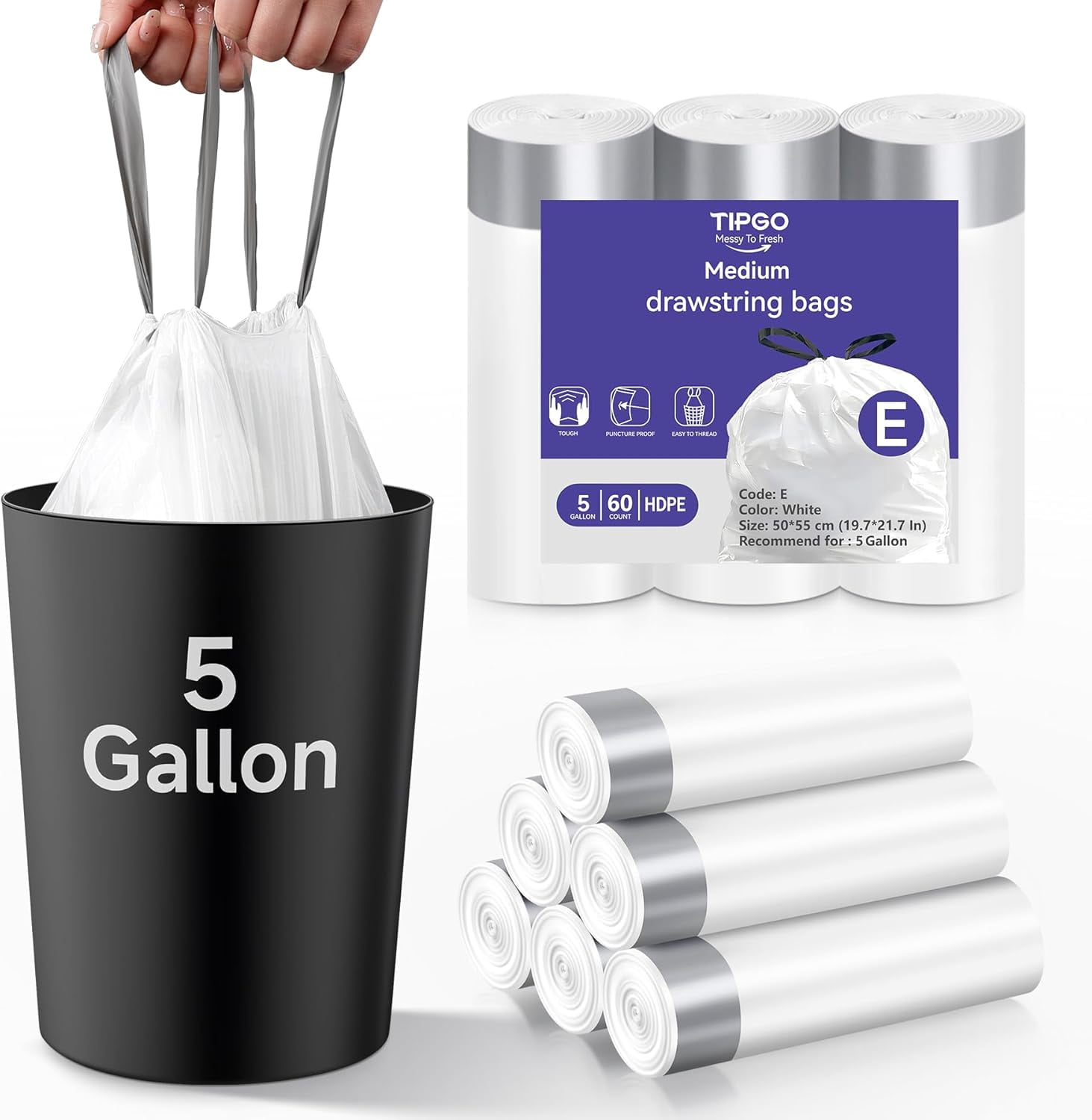 5 Gallon Drawstring, Pre-Cut Strong Wastebasket Bin Liners, White ...
