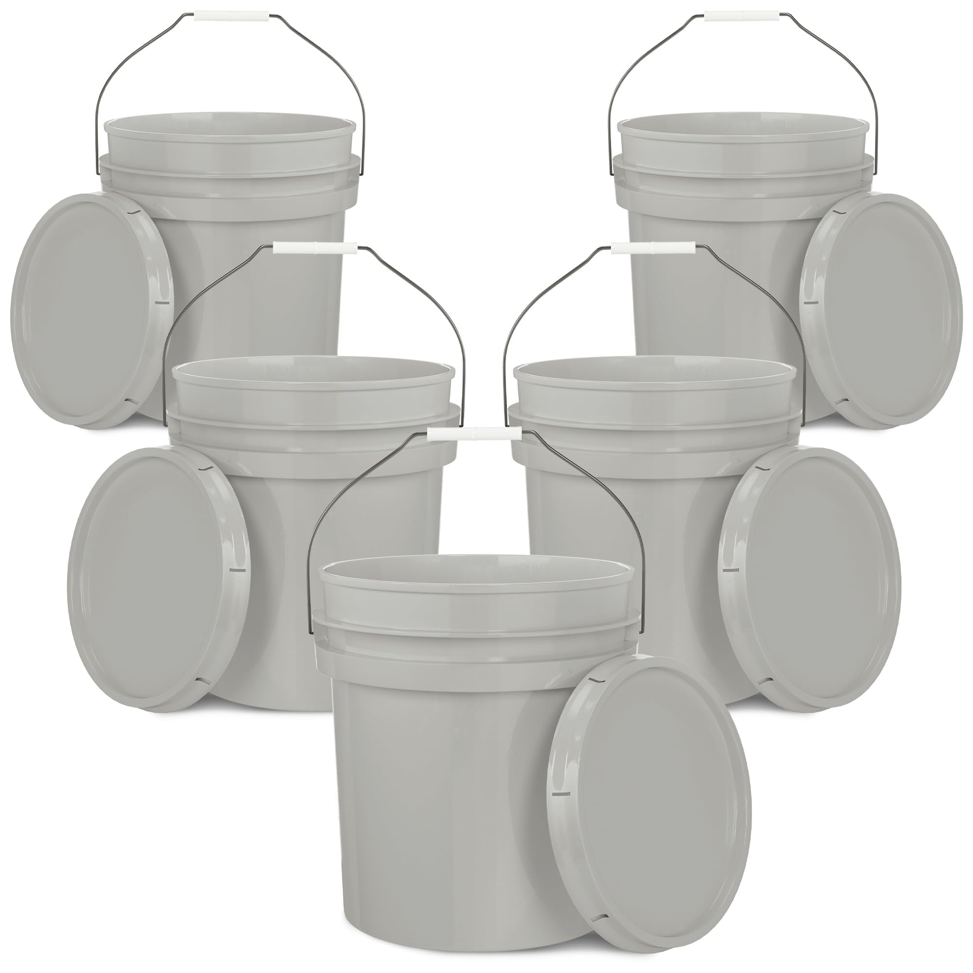 5 Gallon Gray Plastic Bucket with Lid, Sturdy Pail Container, Metal ...
