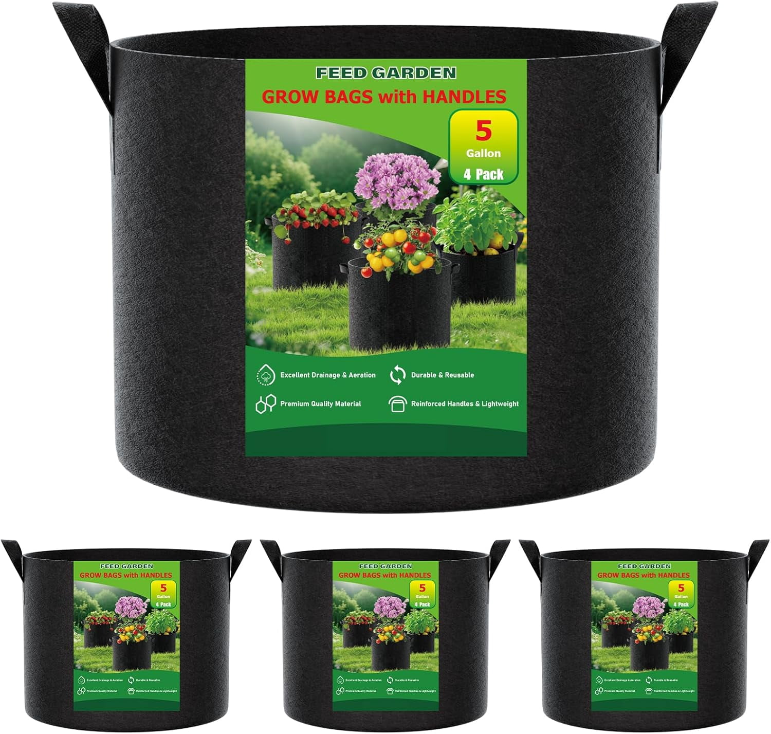 5 Gallon Grow Bags 4 Pack – 300G Non-Woven Thickened Fabric Plant Pots ...