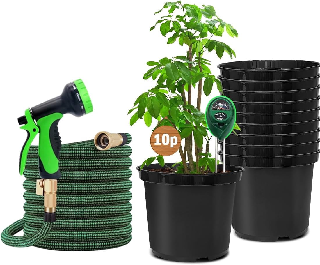 5 Gallon Nursery Pots (10-Pack) + 50ft Garden Hose with Spray Nozzle ...