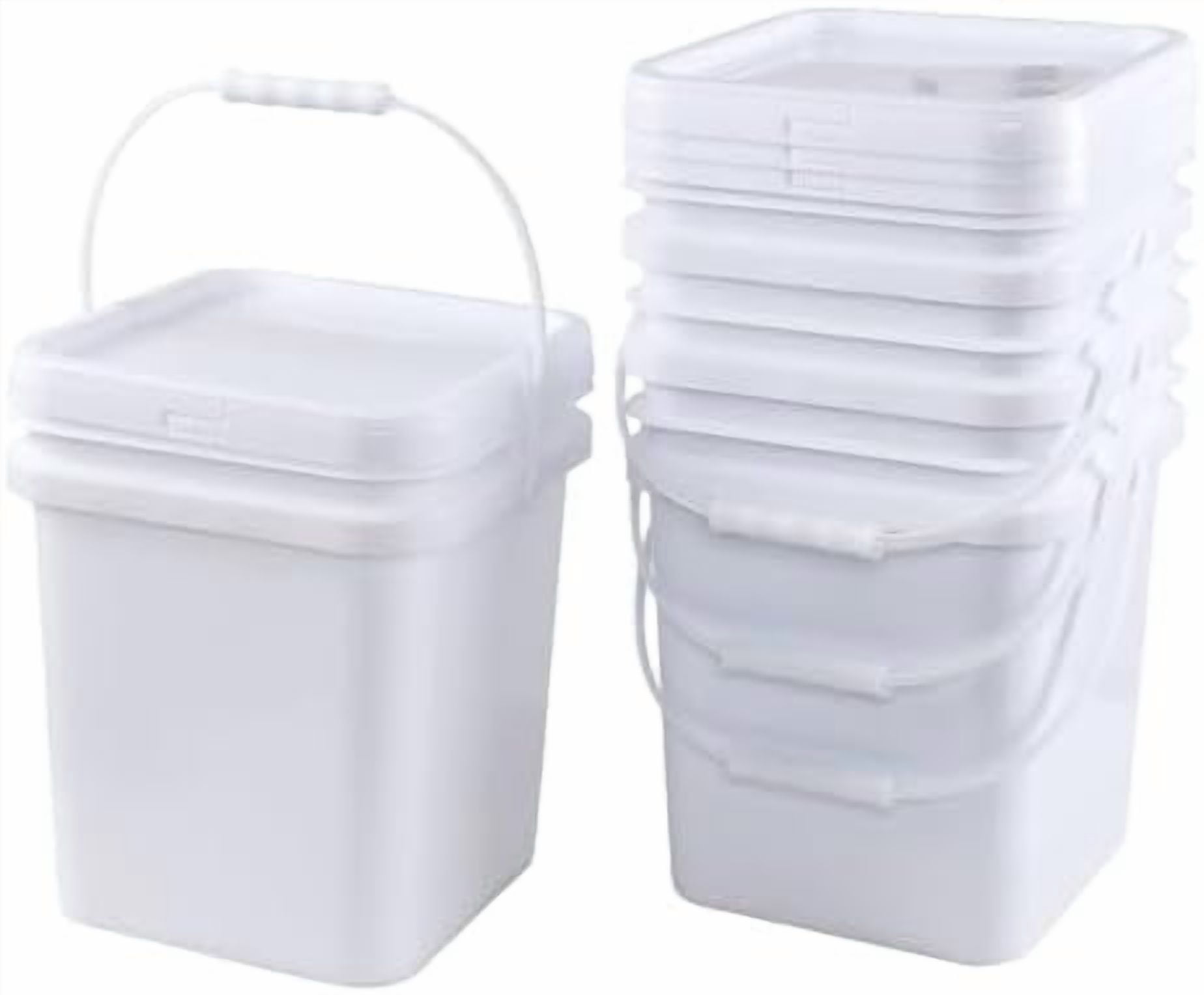 5 Gallon Plastic Square Bucket with Lid and Handle, 4 Pack White Square ...