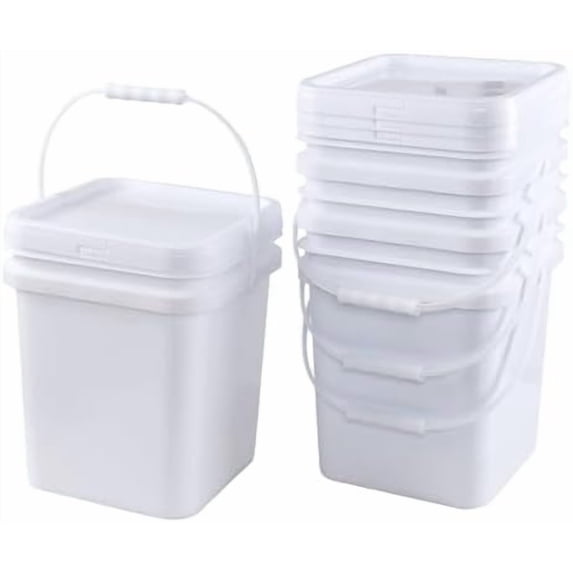 5 Gallon Plastic Square Bucket with Lid and Handle, 4 Pack White Square ...