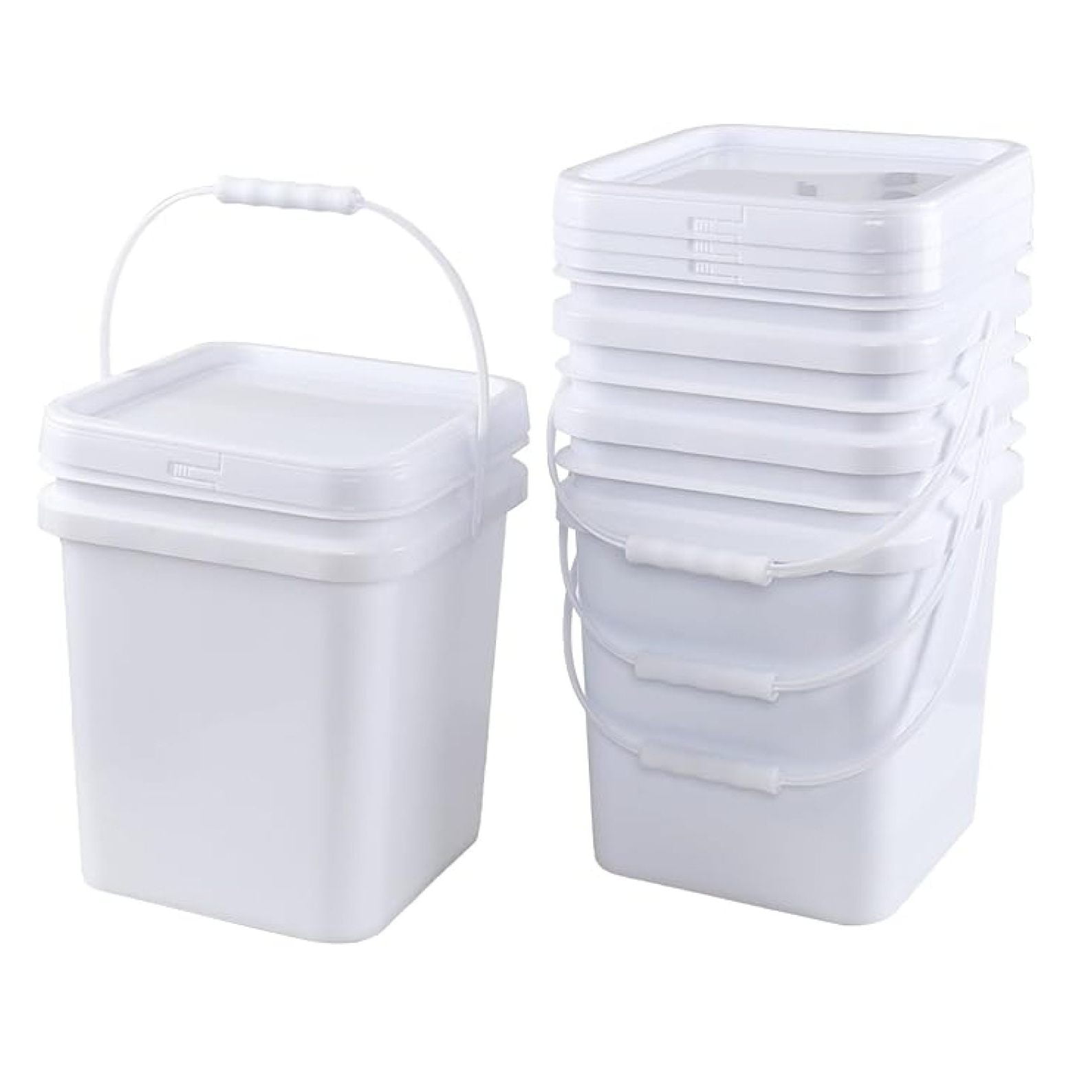 5 Gallon Plastic Square Bucket with Lid and Handle, 4 Pack White Square ...