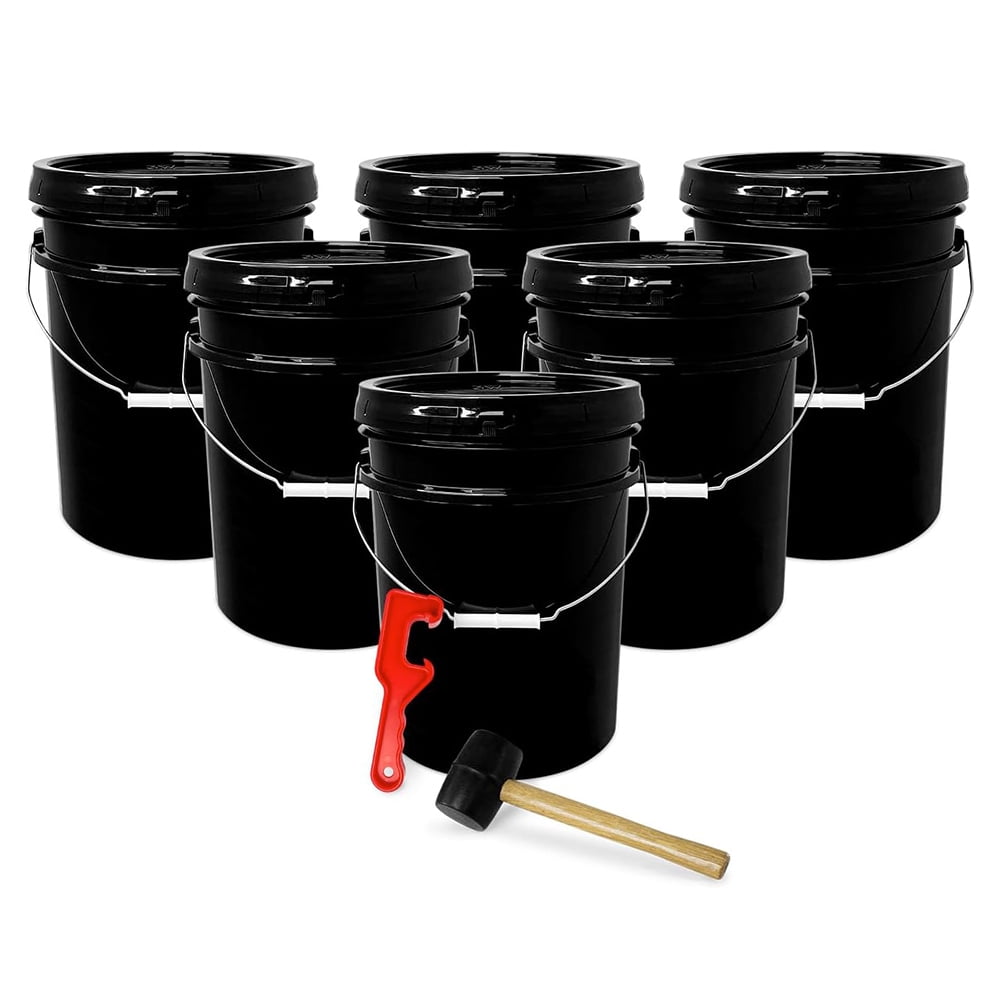5 Gallon Premium Black Plastic Bucket with Airtight Lid, Heavy Duty ...