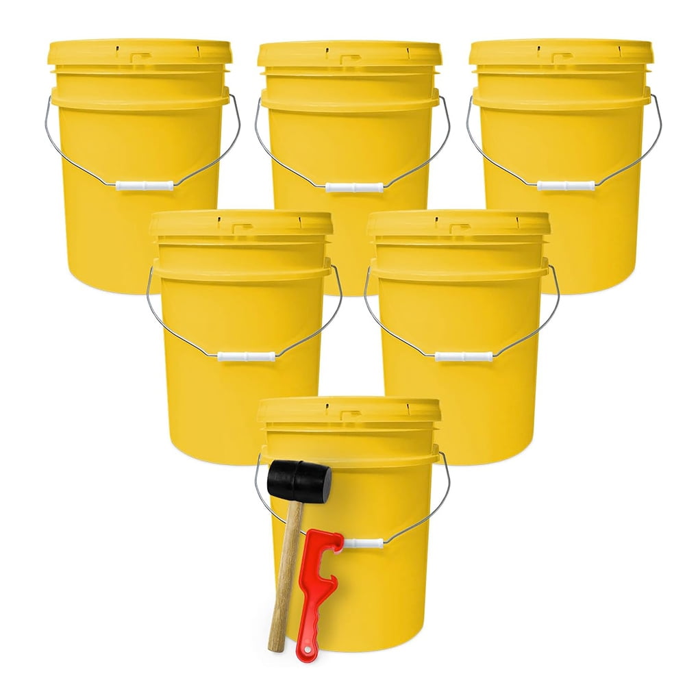 5 Gallon Premium Yellow Plastic Bucket with Airtight Lid, Heavy Duty Versatile Pail with Rubber ...