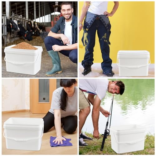 5 Gallon Rectangular Plastic Bucket Pail with Lid, 4 Pack White Square ...