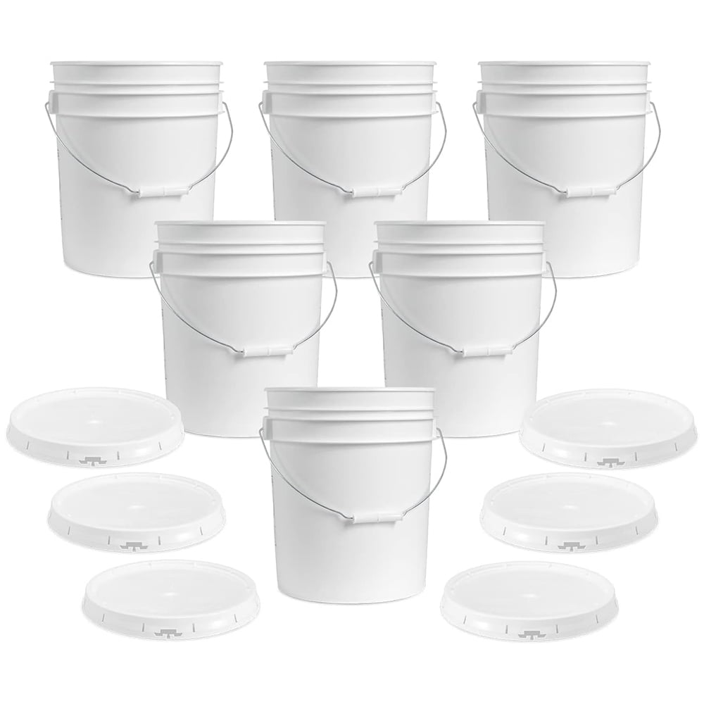 5 Gallon Set of 6White Bucket with Lid - Versatile Pail Containers for ...