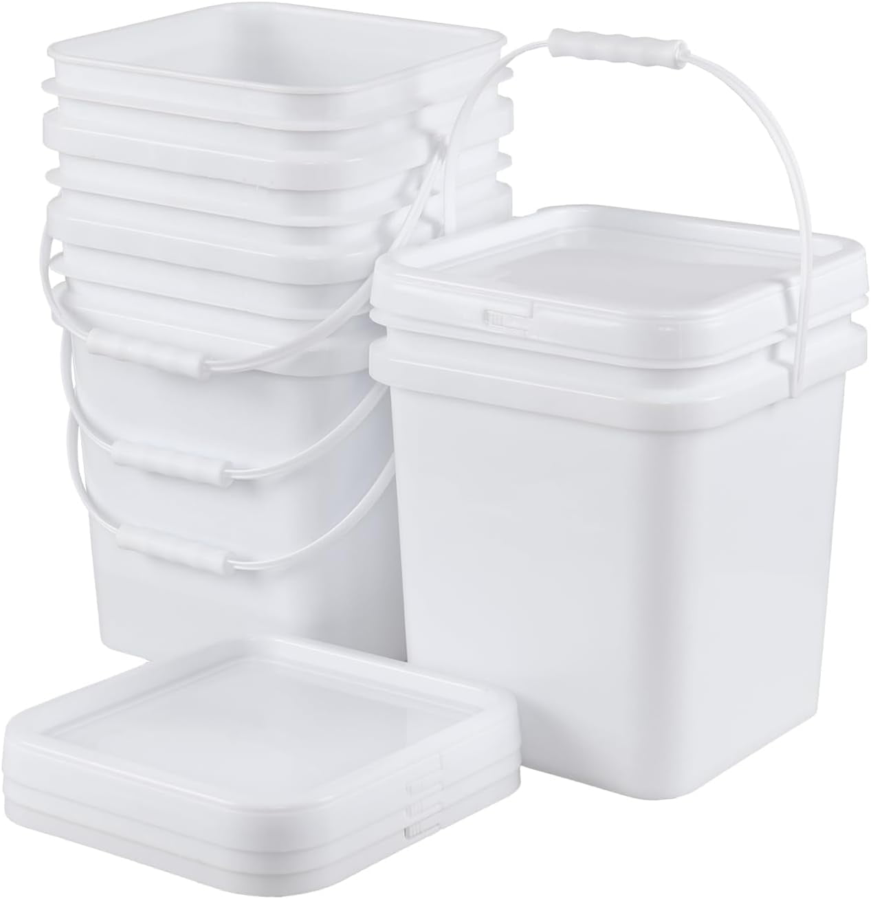 5 Gallon Utility Plastic Bucket with Lid, White Square Food Grade ...