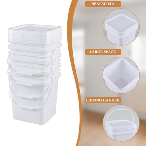 5 Gallon Utility Plastic Bucket with Lid, White Square Food Grade ...