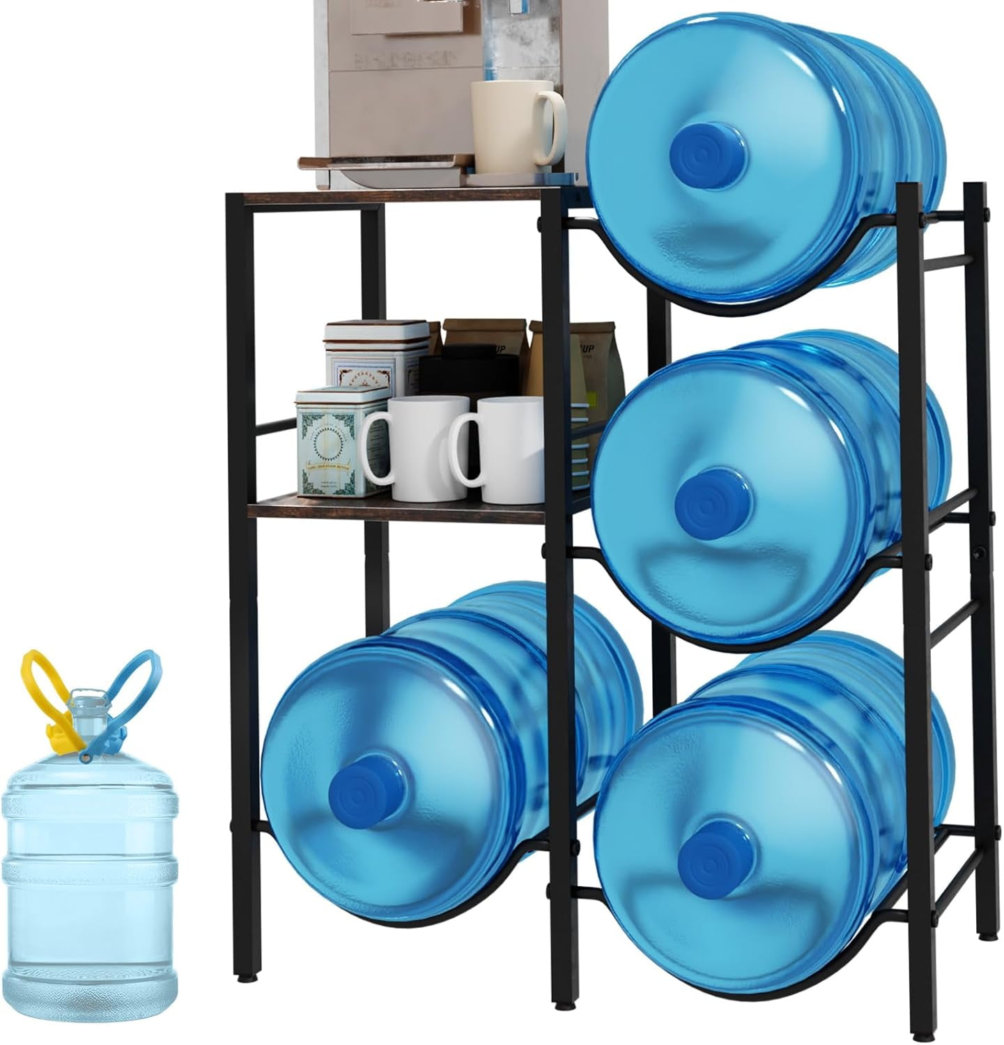 5 Gallon Water Jug Holder, 3 Tiers Water Jug Stand with Wood Storage ...