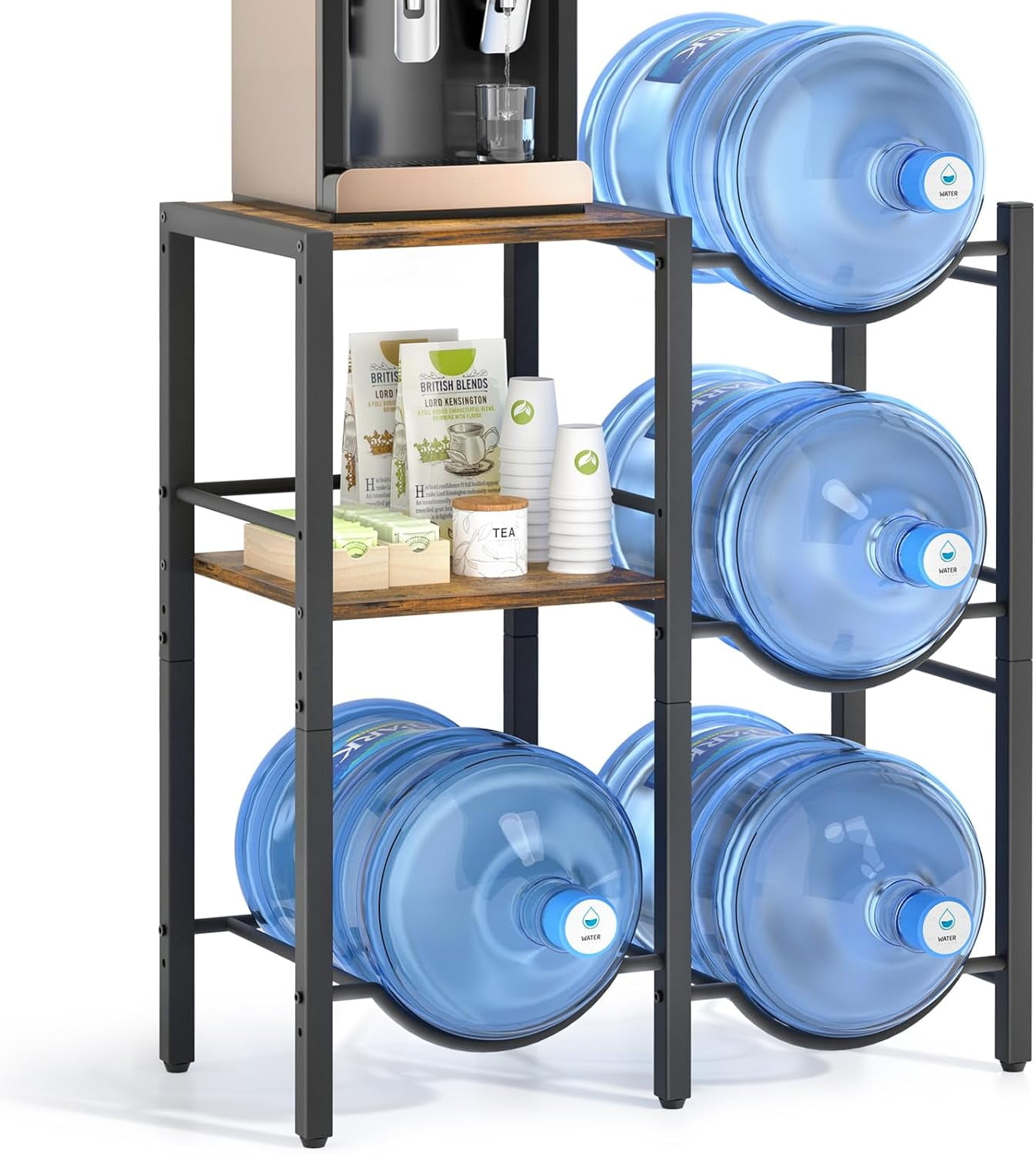 5 Gallon Water Jug Holder, Water Jug Stand with Wood Storage Shelves, 5 ...