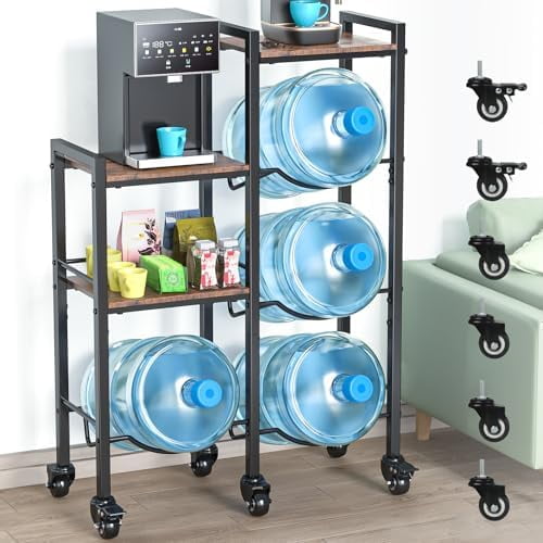 5 Gallon Water Jug Holder with 3 Tier Wood Storage Shelves & Lockable ...