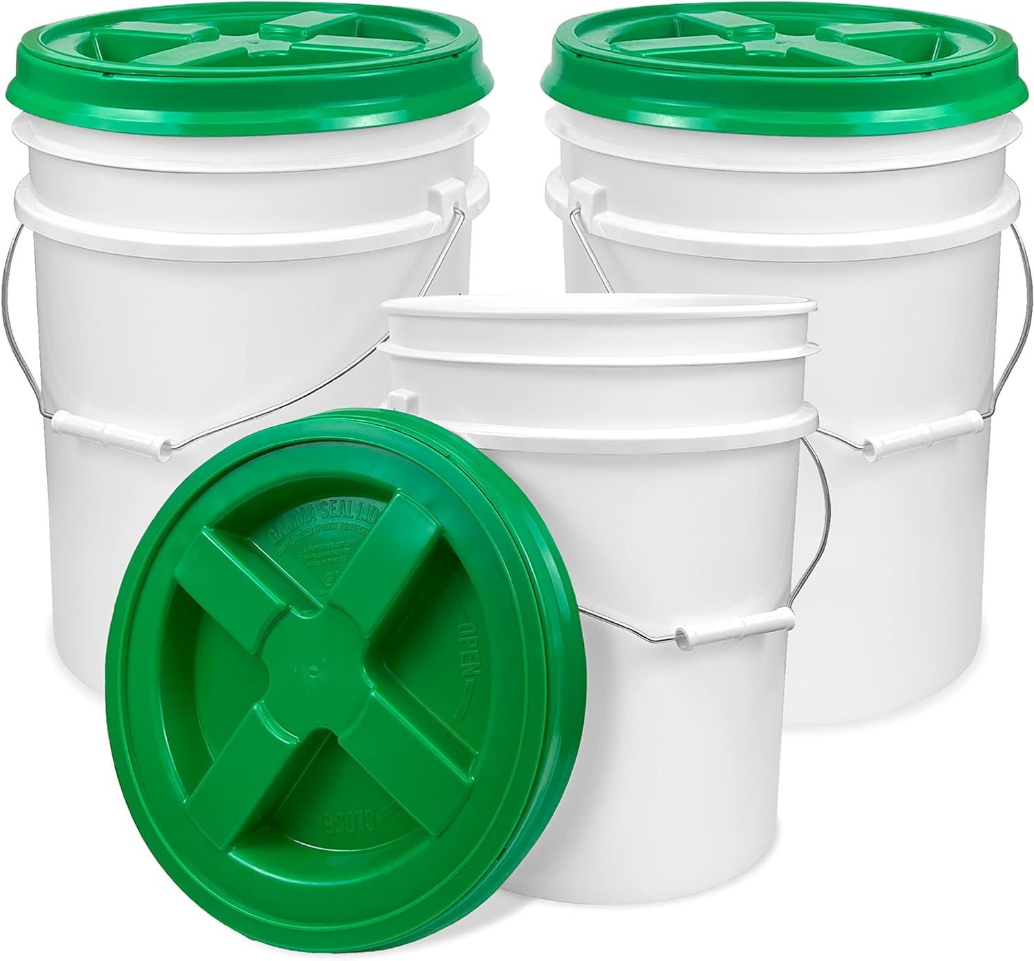 , 5 Gallon White Bucket with Green Gamma Seal Screw on Airtight Lid (3 Count), Food Grade ...