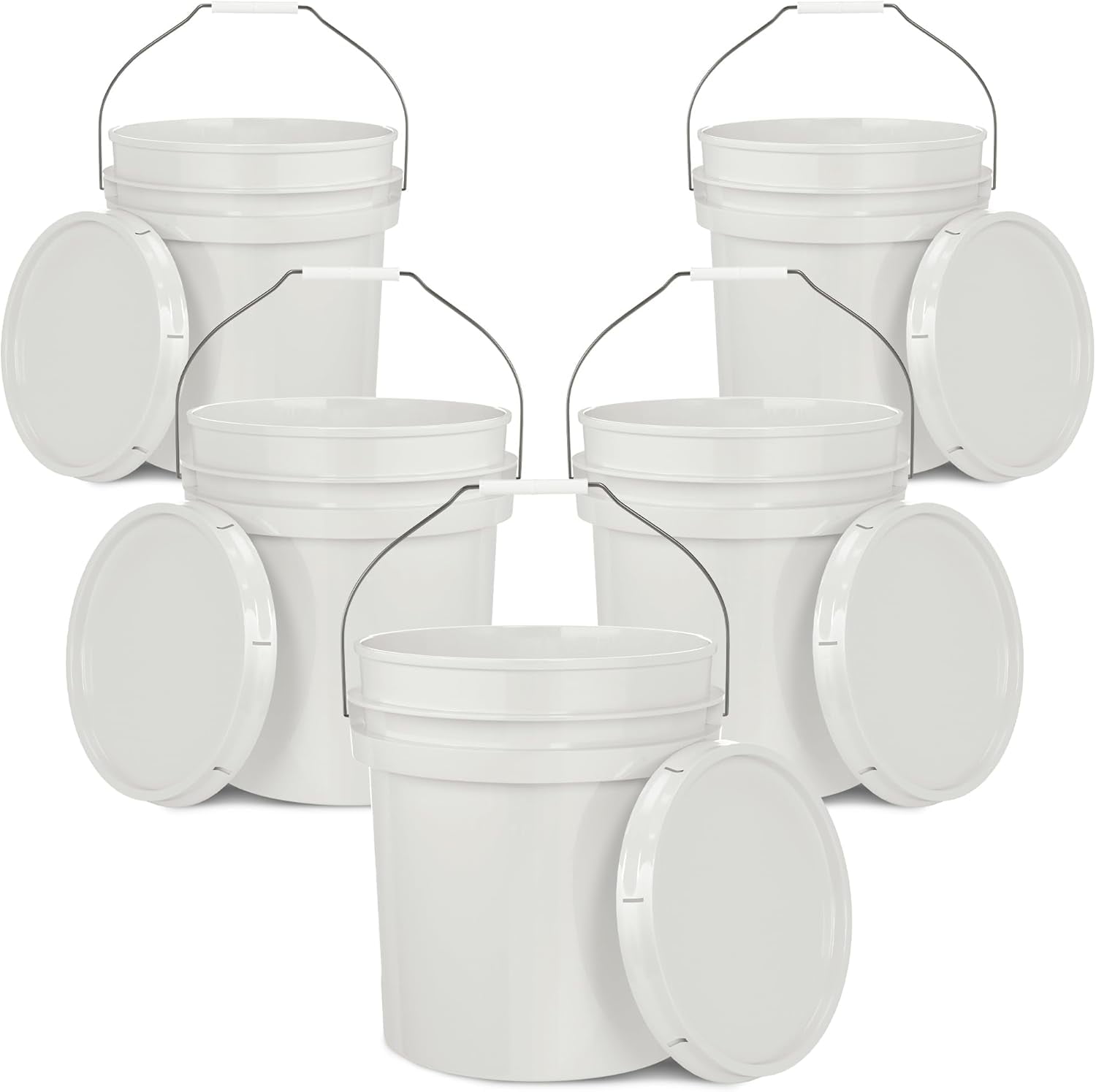 5-Gallon White Bucket Pail Container with Lid Metal Handles with Plastic Grip for Easy Carrying ...